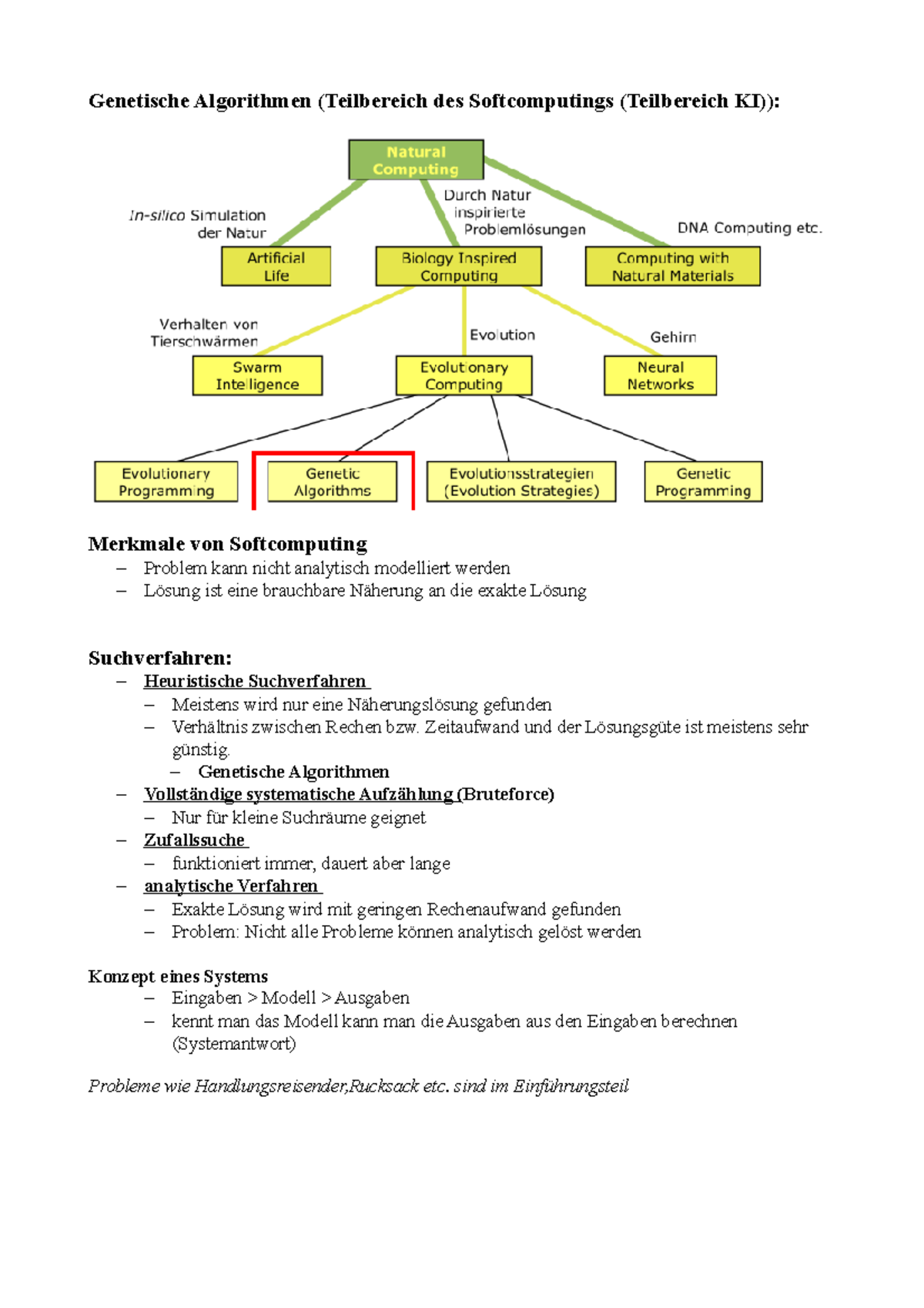 Zusammenfassung GA - Genetische Algorithmen (Teilbereich des Softcomputings (Teilbereich KI ...