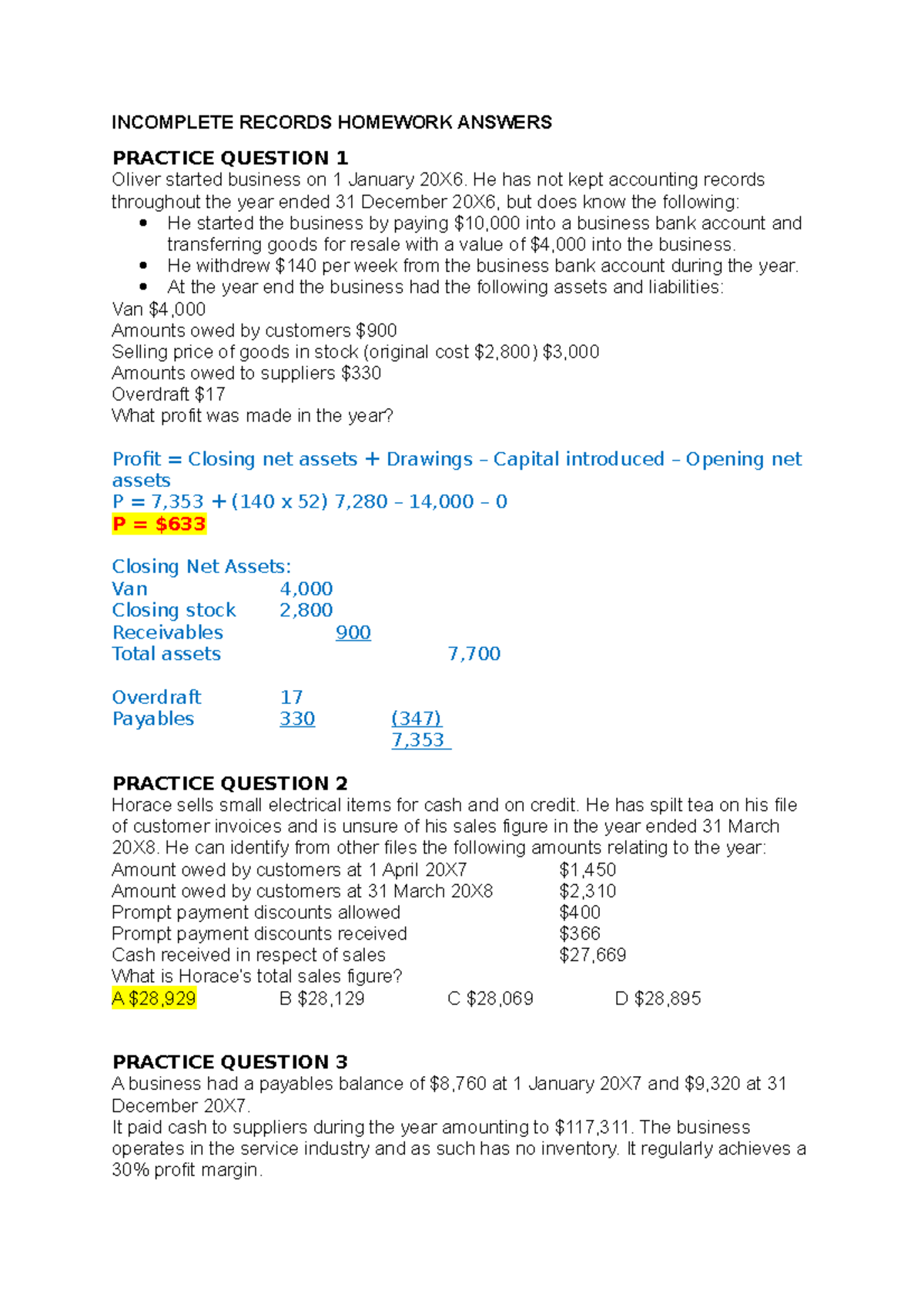 Incomplete Records Homewok Answers - INCOMPLETE RECORDS HOMEWORK ...