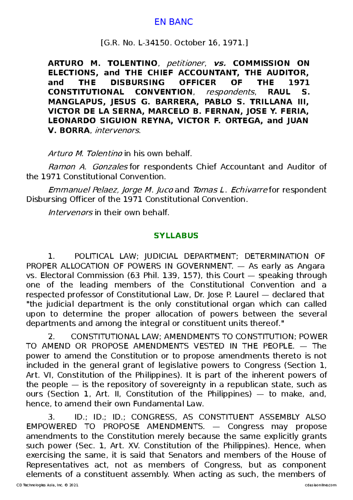 10. Tolentino v - case - EN BANC [G. No. L-34150. October 16, 1971 ...