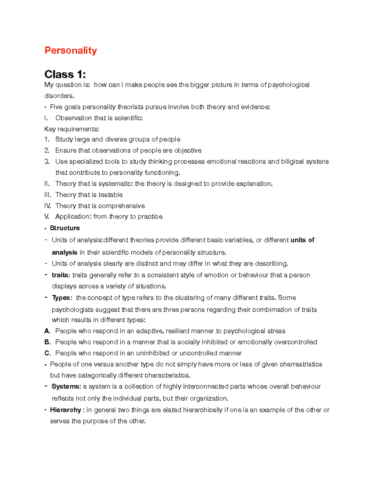 Personality 2020 - Lecture notes 1-4 - Personality Class 1: My question ...