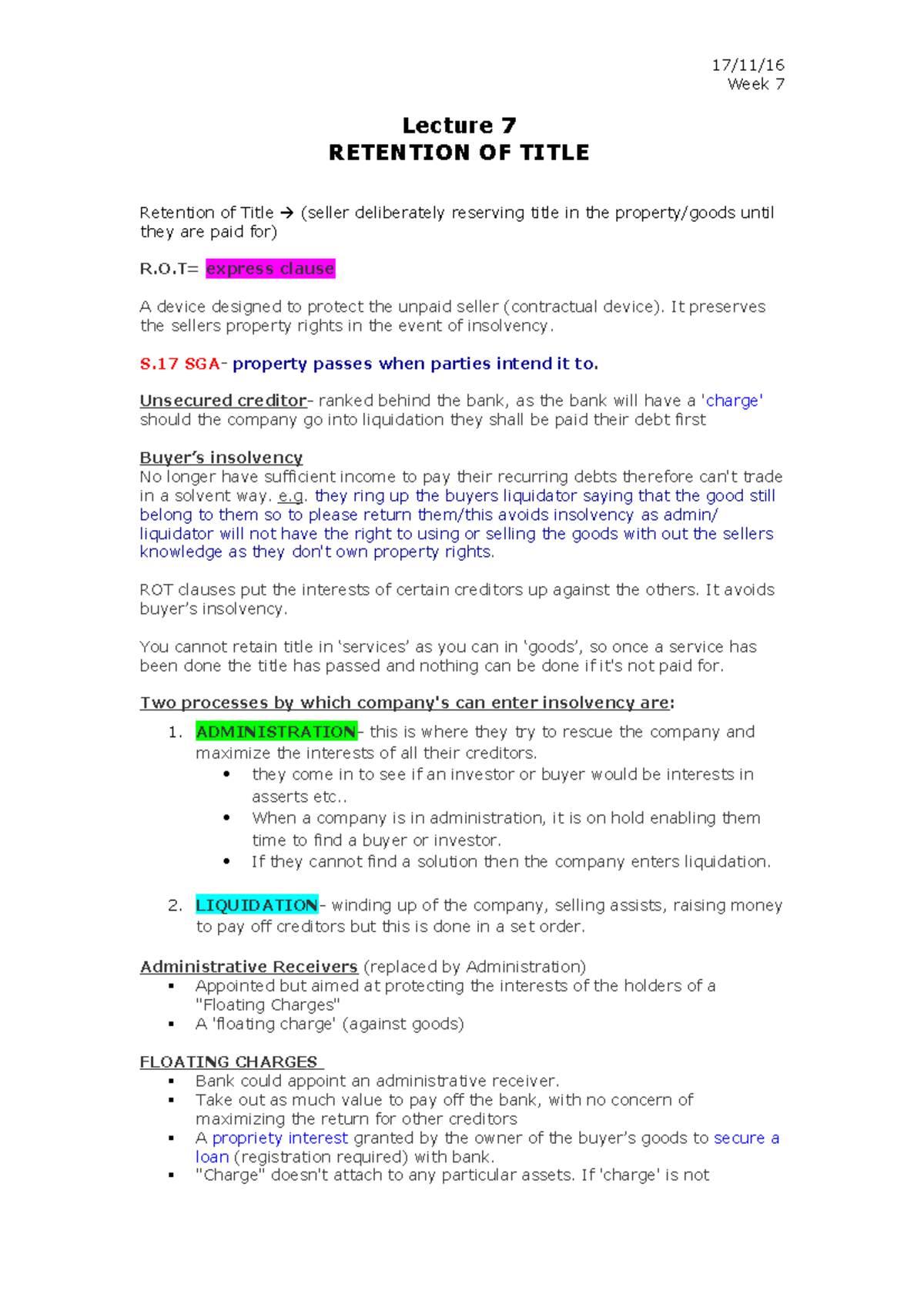 Retention of Title (Part 1) - Week 7 Lecture 7 RETENTION OF TITLE ...