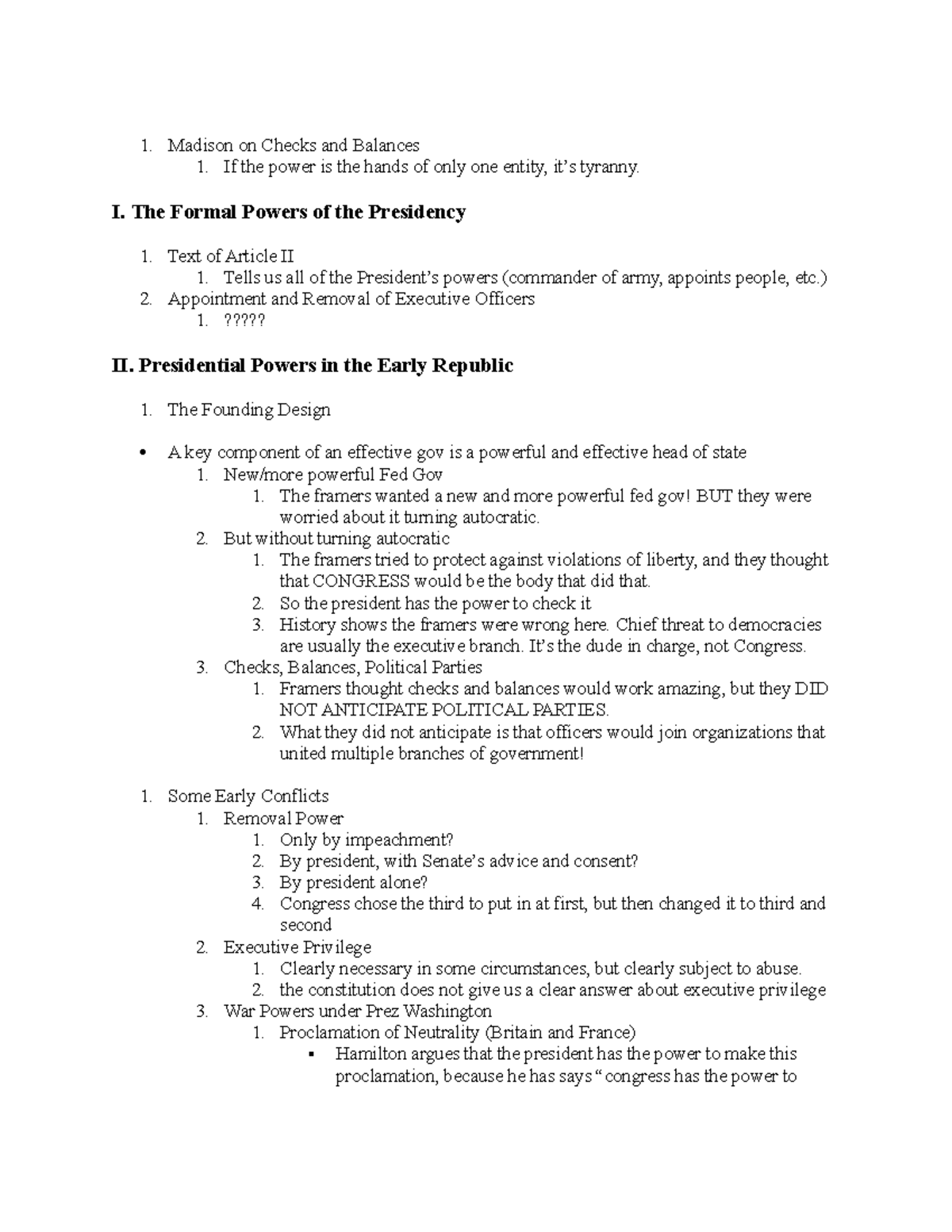 Con Law - Presidential Power in the Early Republic - Madison on Checks ...