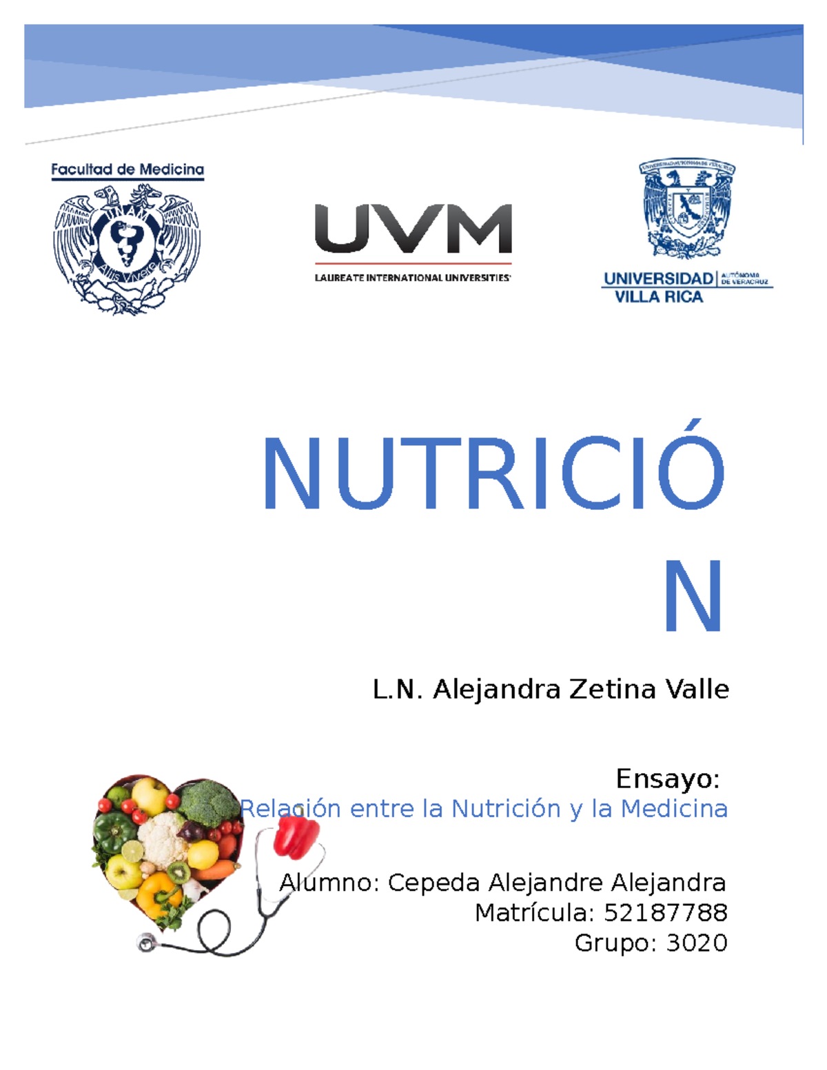 Ensayo Nutri ción Y Medicina - UVM - Studocu