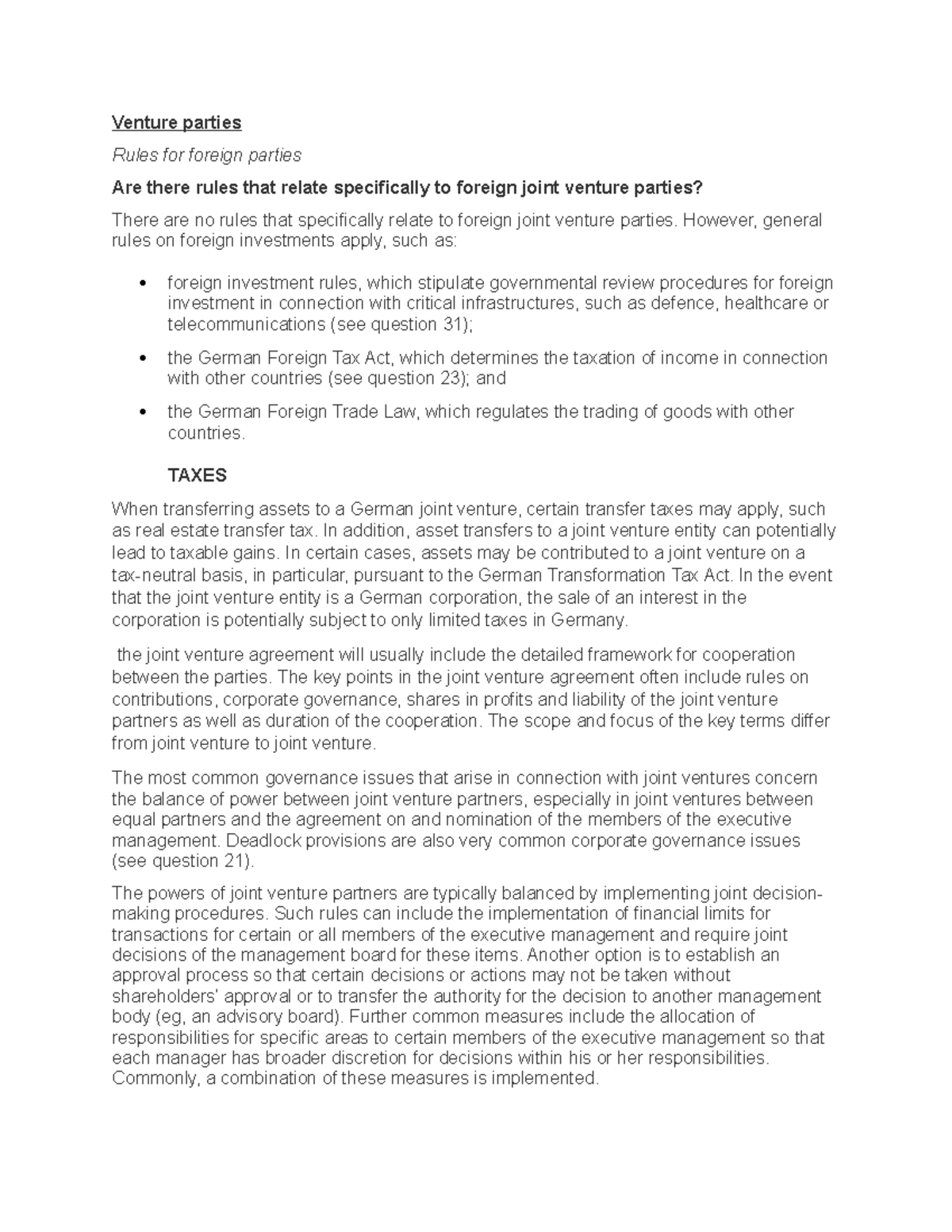 Germany - Assignment - Venture parties Rules for foreign parties Are ...