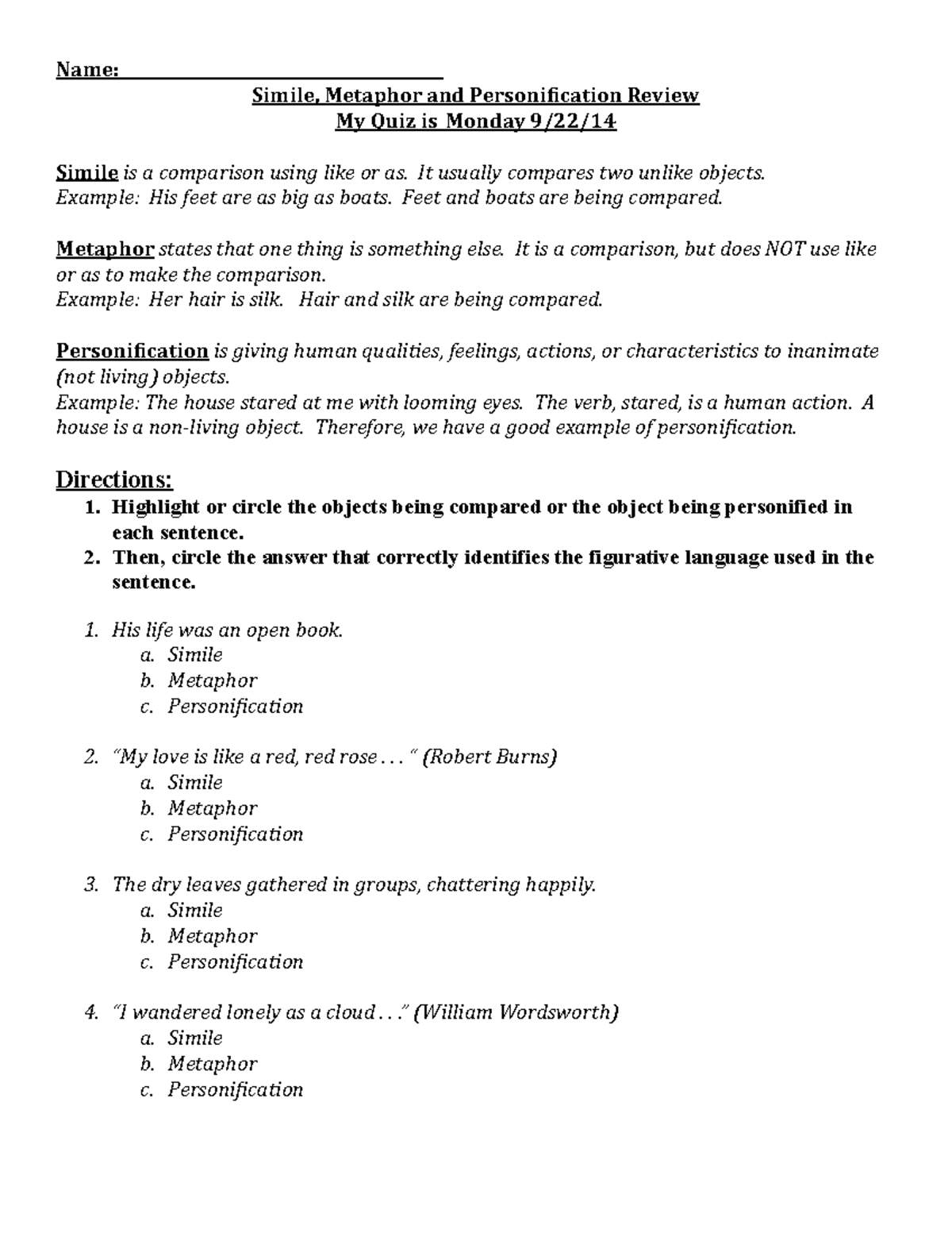 Simile Metaphor Personification Review Worksheet - Name