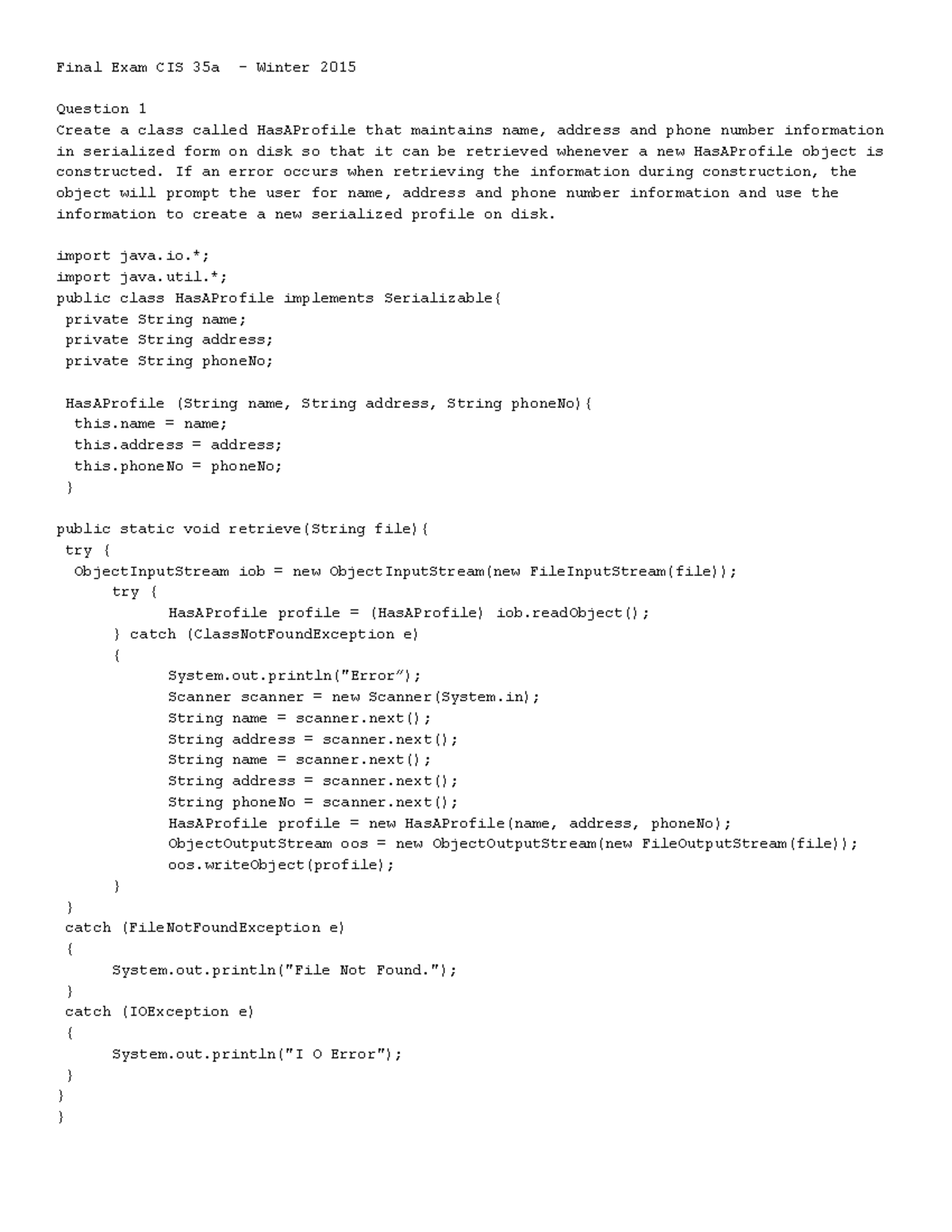 CIS35a Final Solutions Winter 2015 - Final Exam CIS 3 5 a Winter 2 015 ...