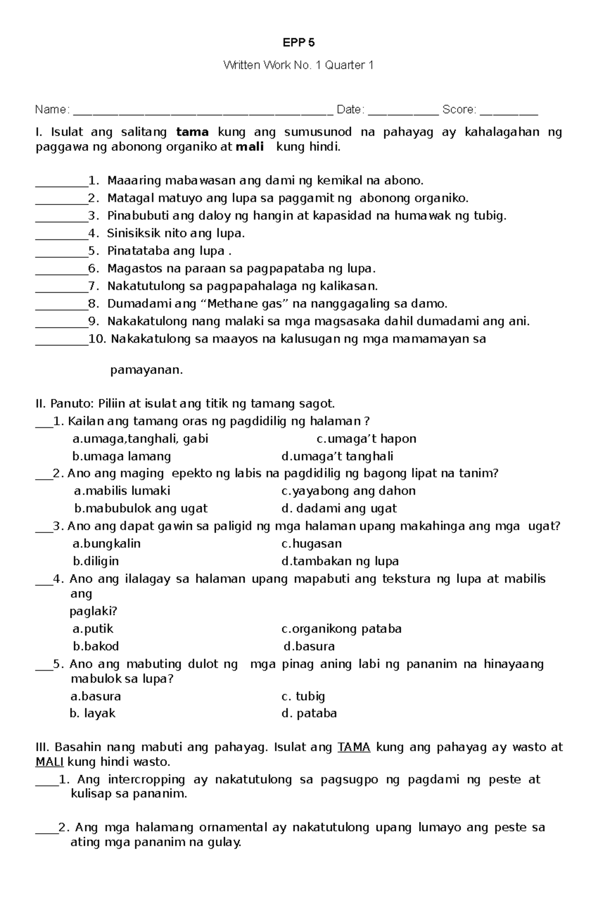 Grade 5 Summative Test in EPP Modules 1-3 - EPP 5 Written Work No. 1 ...