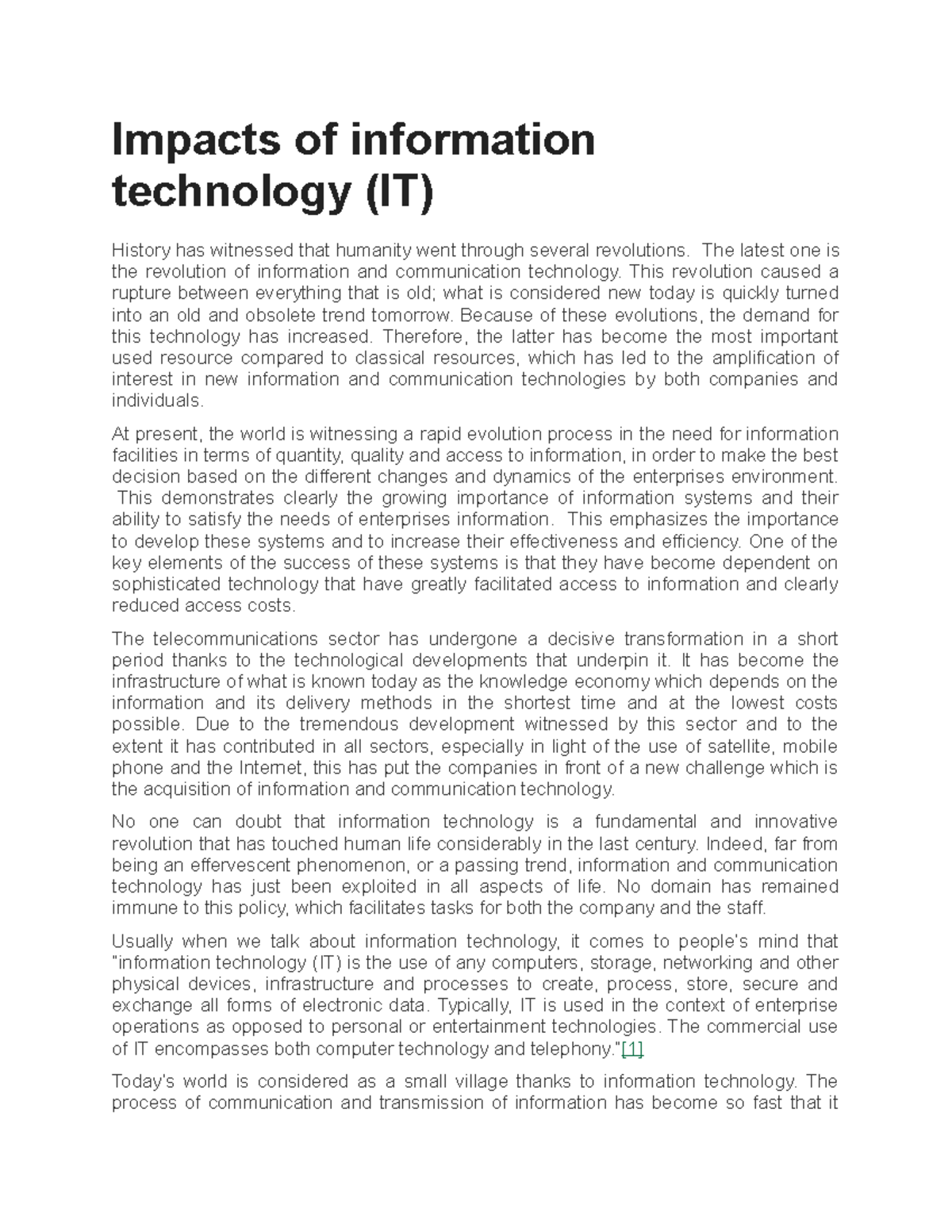 Impacts of information technology - Impacts of information technology ...
