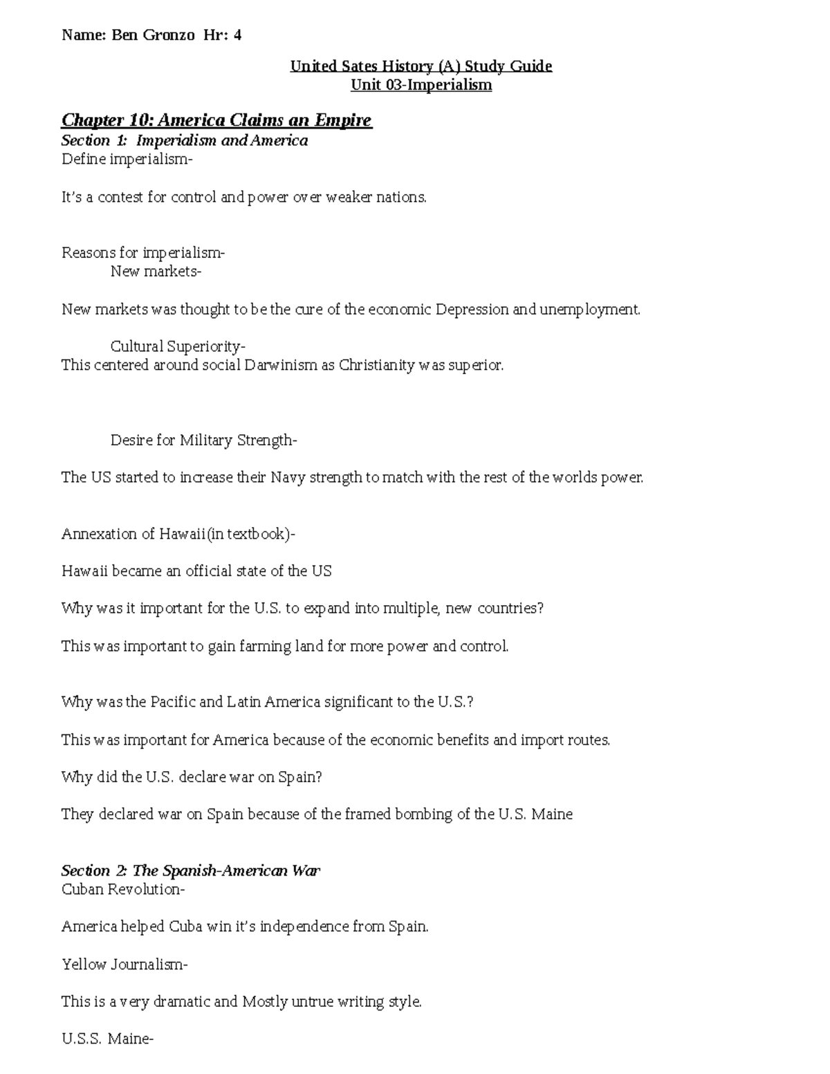 BEN Gronzo - Unit 3 Review American Imperialism World War I - 10070366 ...