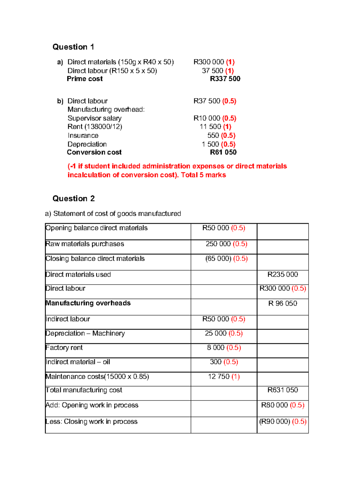 FBS 222 Tutorial 1 Answers - Question 1 a) Direct materials (150g x R40 ...