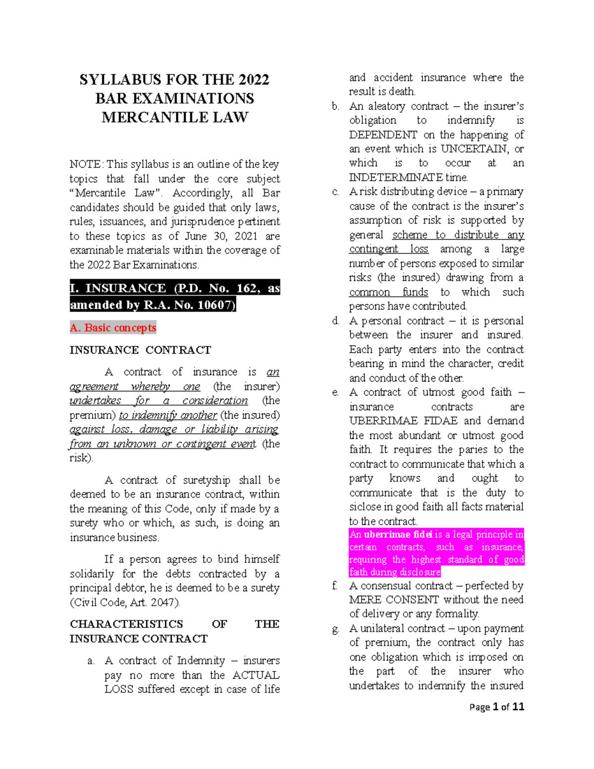 Insurance based on 2022 Bar Syllabus - SYLLABUS FOR THE 2022 BAR ...