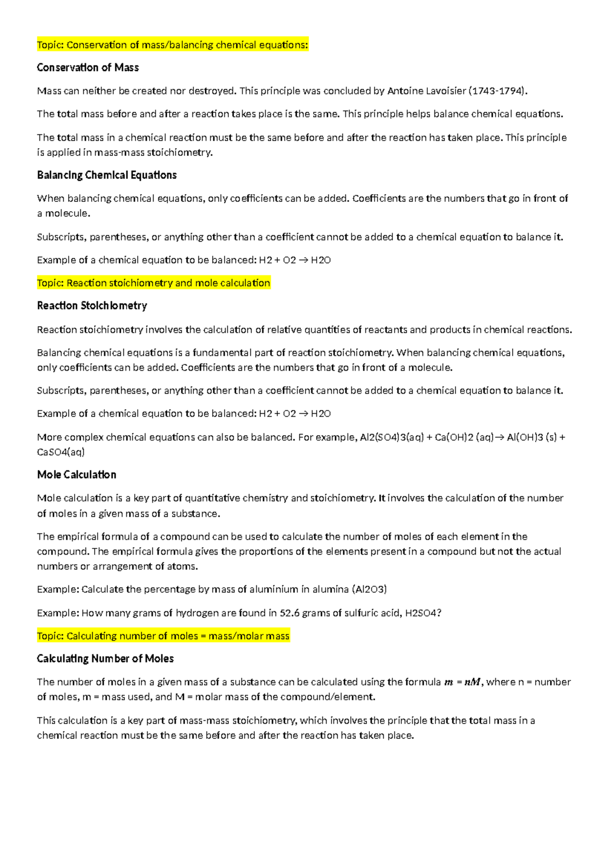 Chem notes - sas - Topic: Conservation of mass/balancing chemical ...