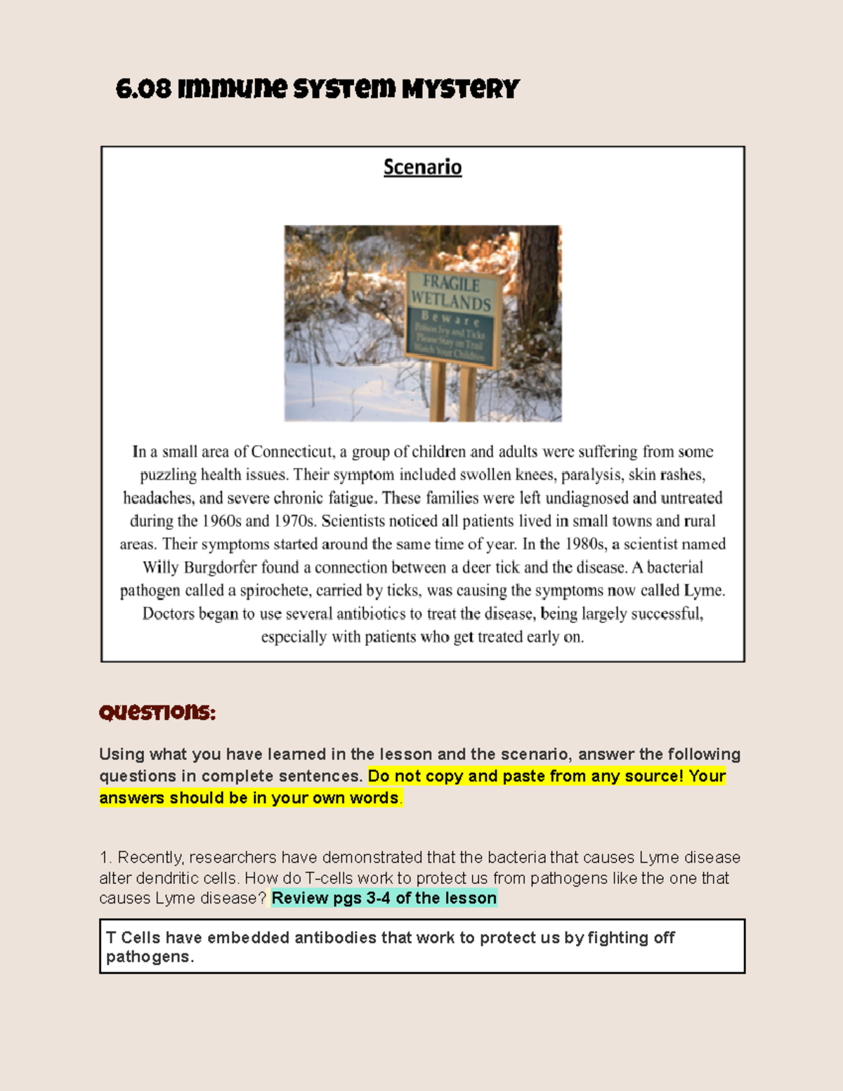6.08 Immune System Report - 6 Immune System Mystery Questions: Using ...