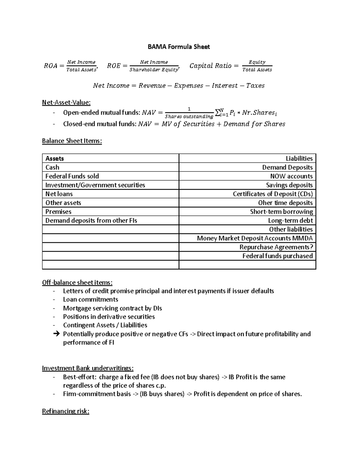 BAMA Formula Sheet - Bank Management Alle Formeln - BAMA Formula Sheet ...