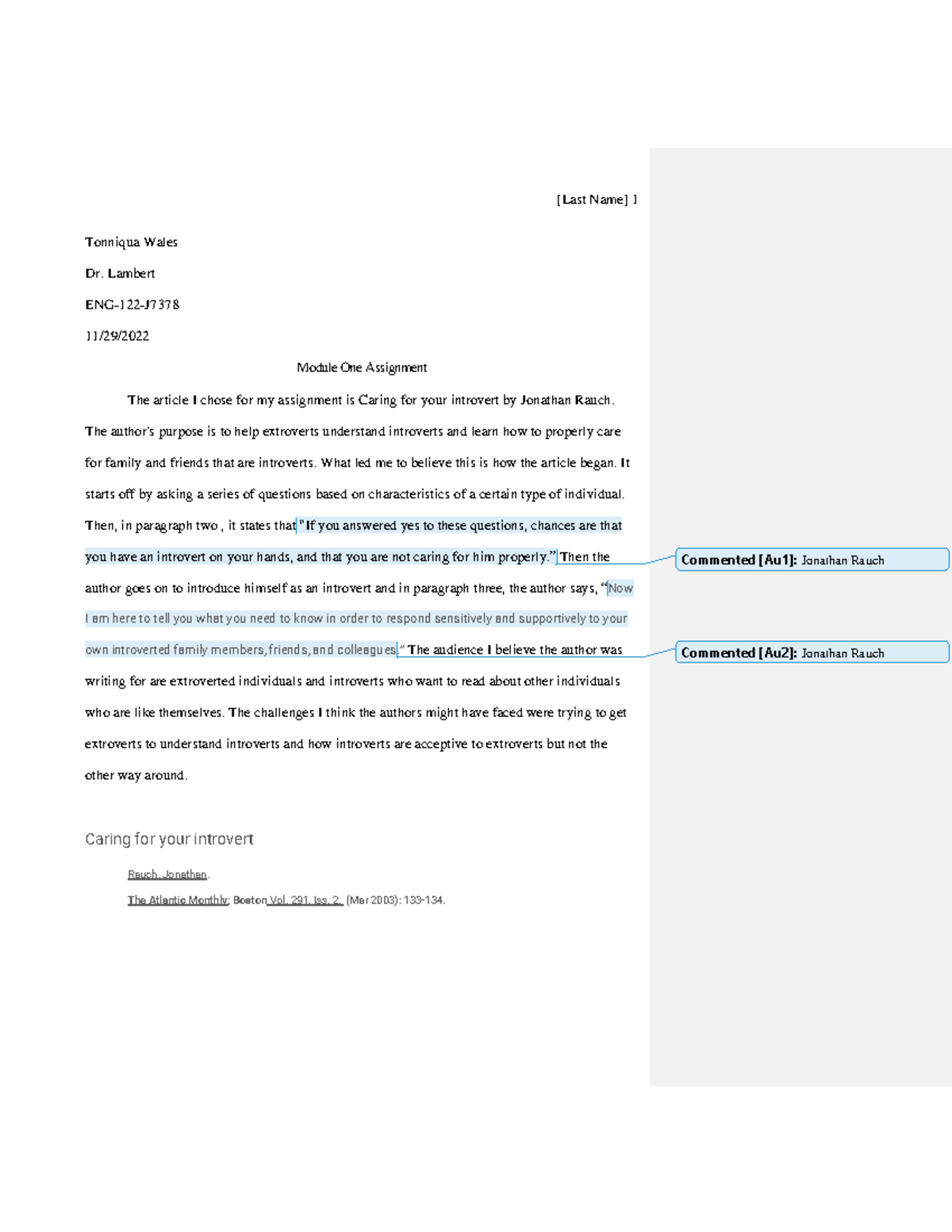 ENG Module ONE Assignment - [Last Name] 1 Tonniqua Wales Dr. Lambert ...