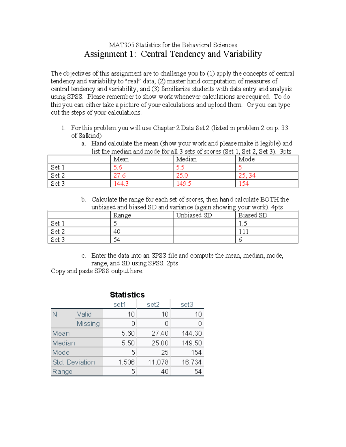 Assignment 1 - Chart - MAT305 Statistics for the Behavioral Sciences Assignment 1: Central ...