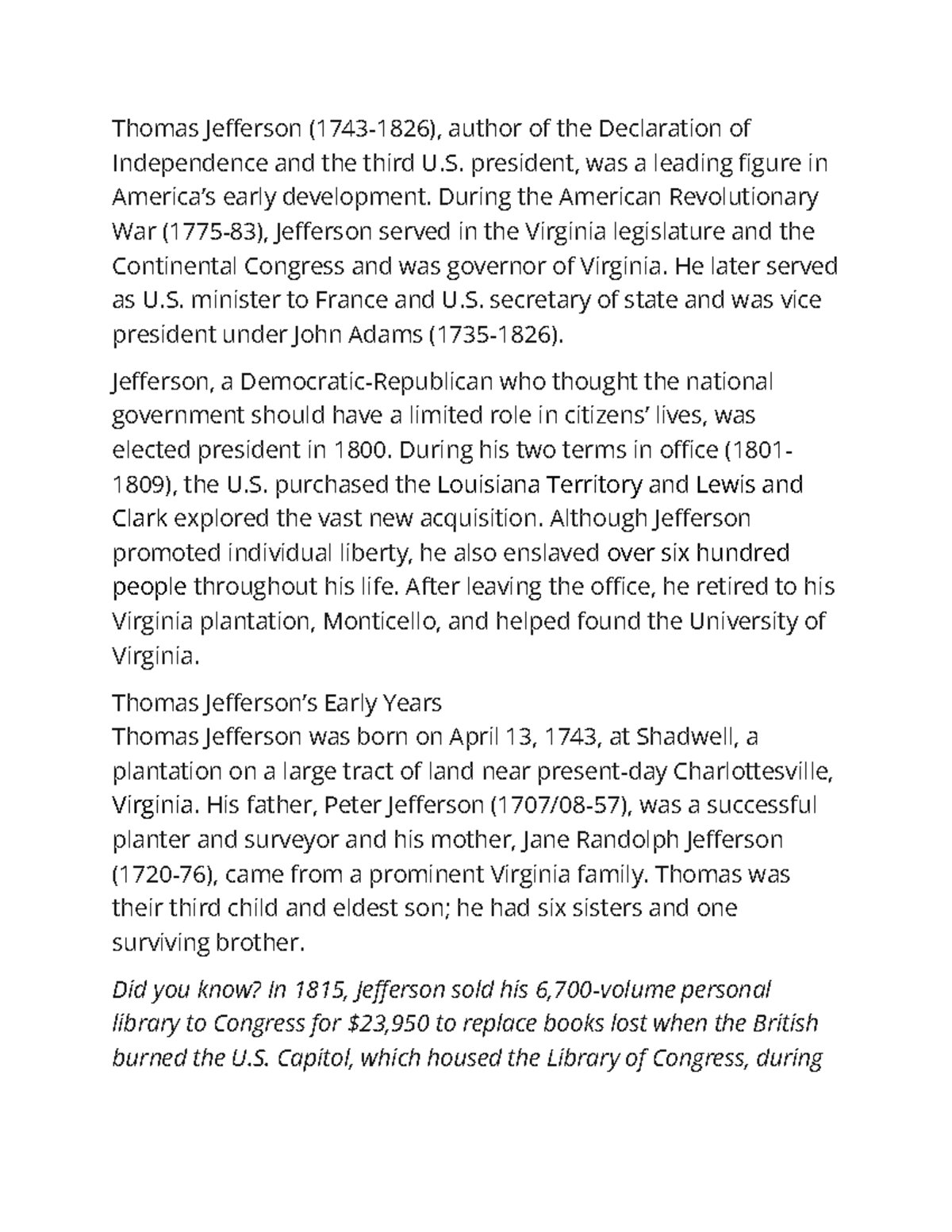 Thomas Jefferson - Lecture Notes - Thomas Jefferson (1743-1826), author ...