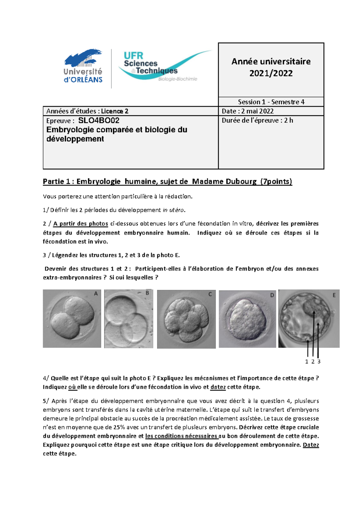 Embryo L 2session 1-2022 - Partie 1 : Embryologie humaine, sujet de ...