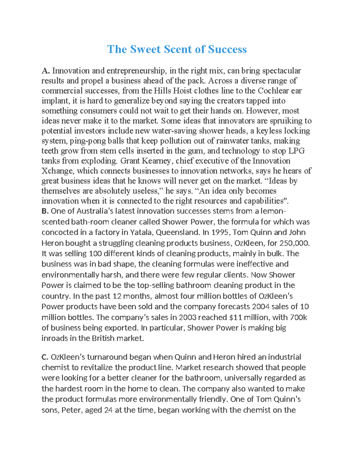 OR-1 - Reading - The Sweet Scent of Success A. Innovation and ...