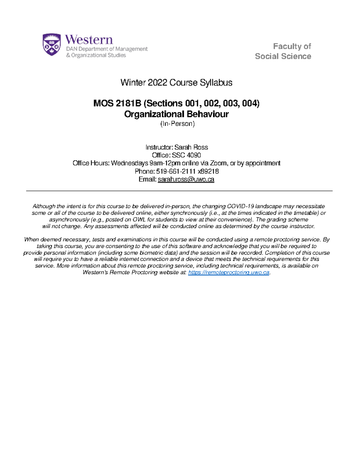 OB Schedule - Faculty of Social Science Winter 2022 Course Syllabus MOS 2181 B (Sections 001 ...