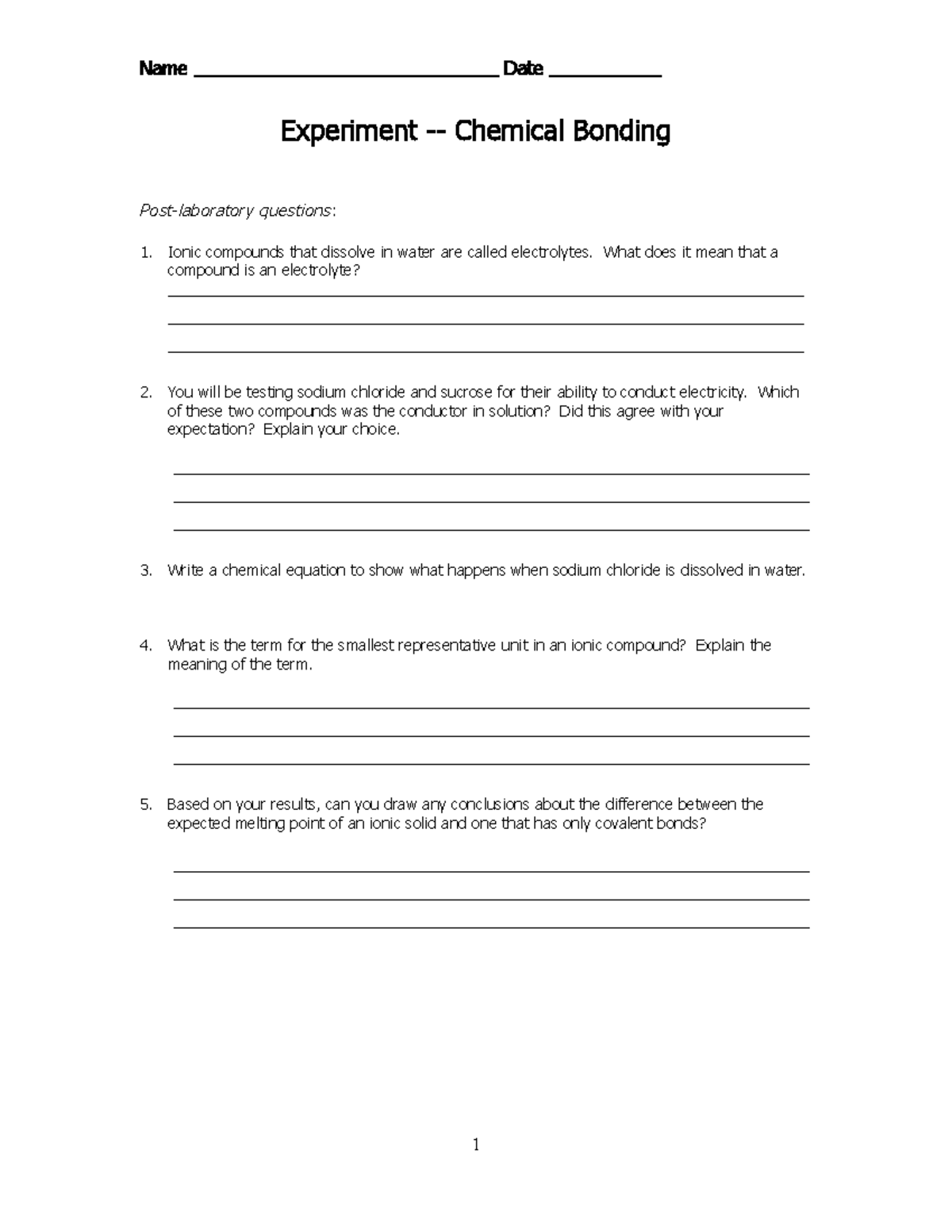 Experiment - Postlab Chemical Bonding - Name ______________________________ Date ...