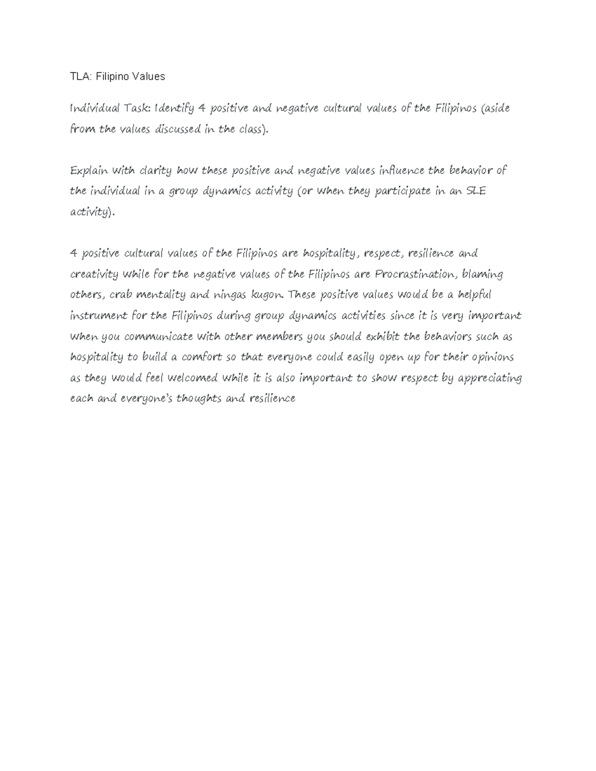 TLA Filipino Values - TLA: Filipino Values Individual Task: Identify 4 ...