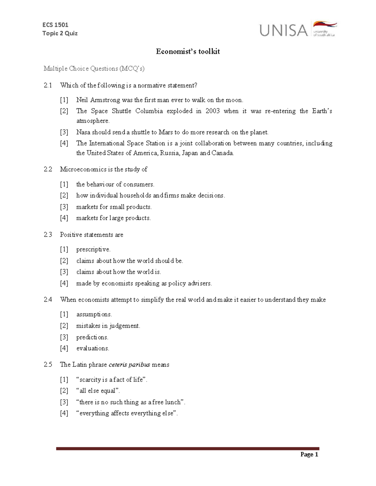 Quiz topic 2 - quiz on chapter 2 - ECS Topic 2 Quiz Page 1 Economist’s ...