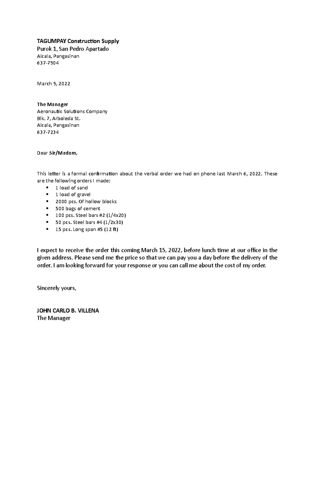 Order letter sa,mple - TAGUMPAY Construction Supply Purok 1, San Pedro ...
