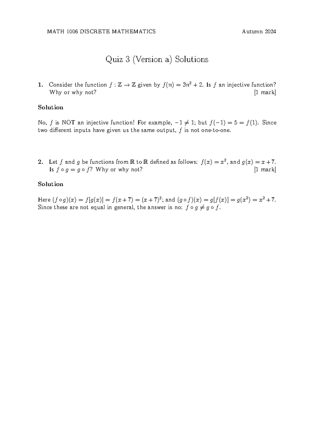 Quiz 3 Solutions - Quiz 3 (Version a) Solutions Consider the function f ...