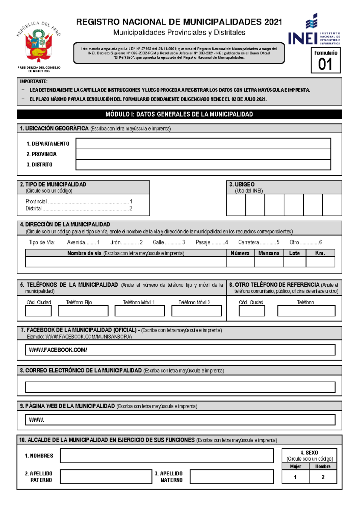 Formulario 01 Renamu 2021 - REGISTRO NACIONAL DE MUNICIPALIDADES 2021 ...