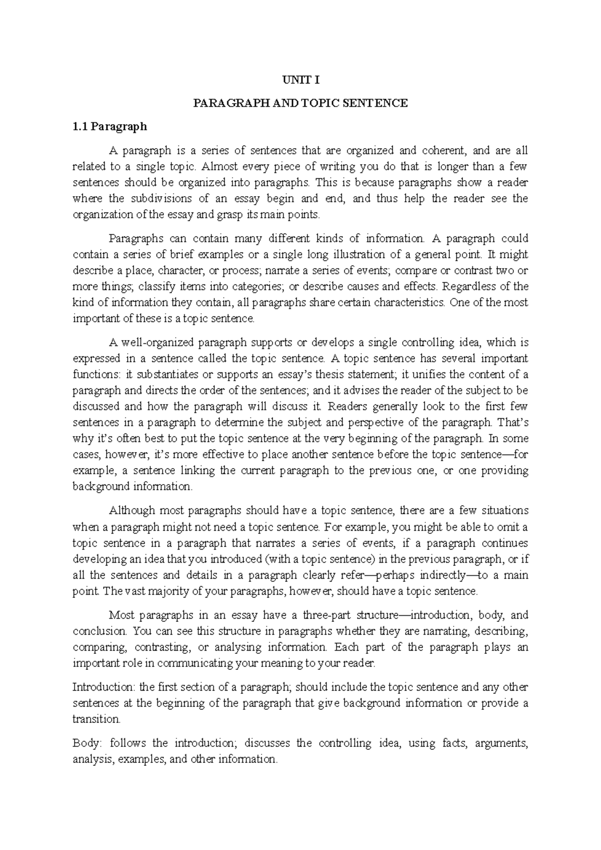 Paragraph Based Writing Material - UNIT I PARAGRAPH AND TOPIC SENTENCE ...