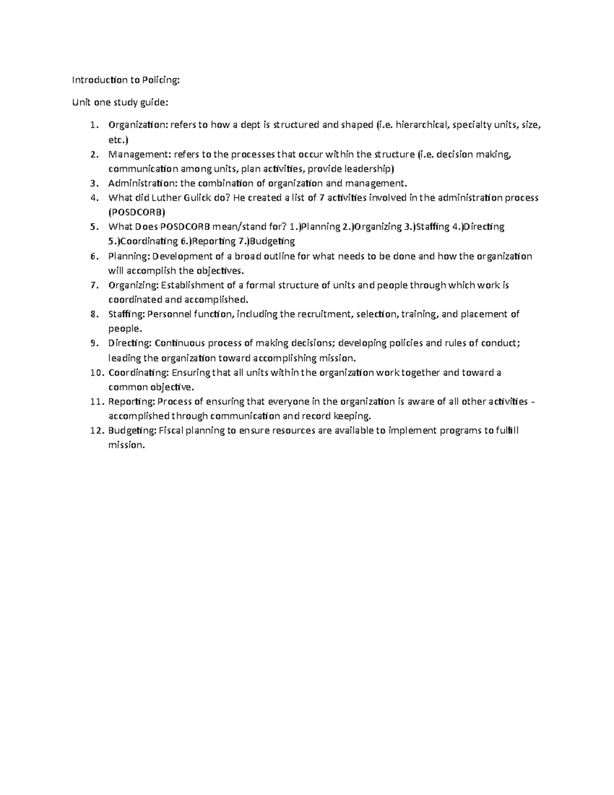 Intro to policing unit 1 study guide - Introduction to Policing: Unit ...