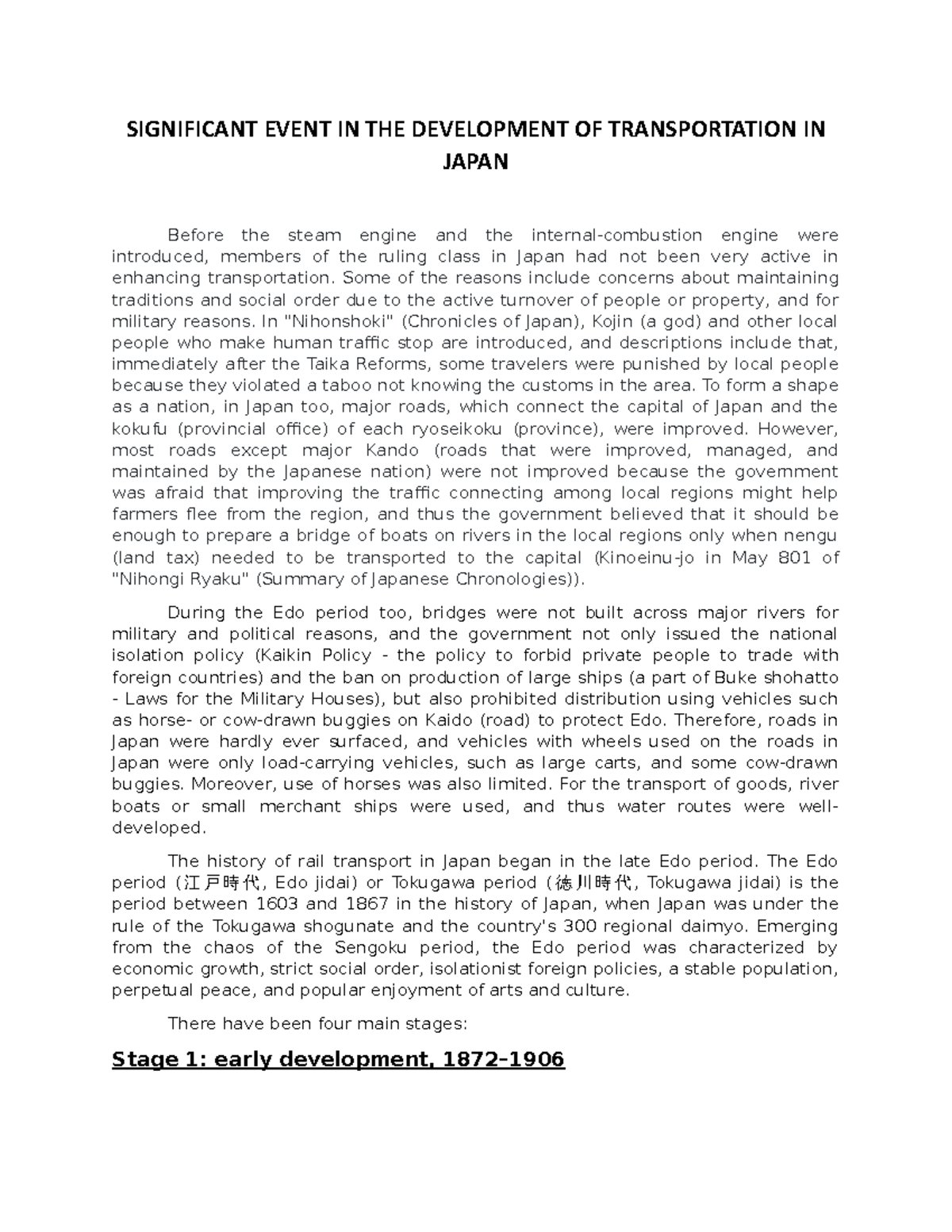 Significant Event IN THE Development OF Transportation IN Japan ...