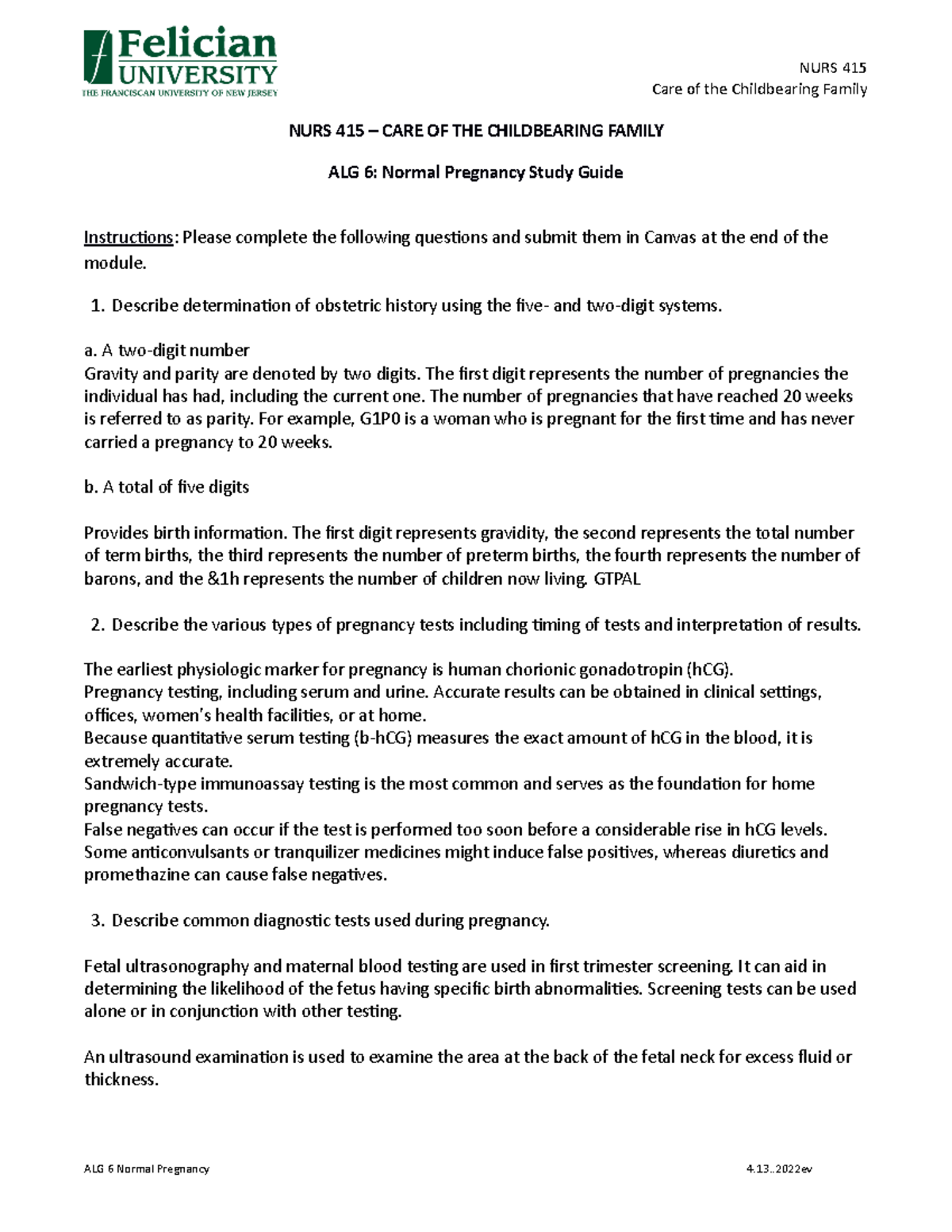 415 Active Learning Guide - Module 6 - Care of the Childbearing Family ...