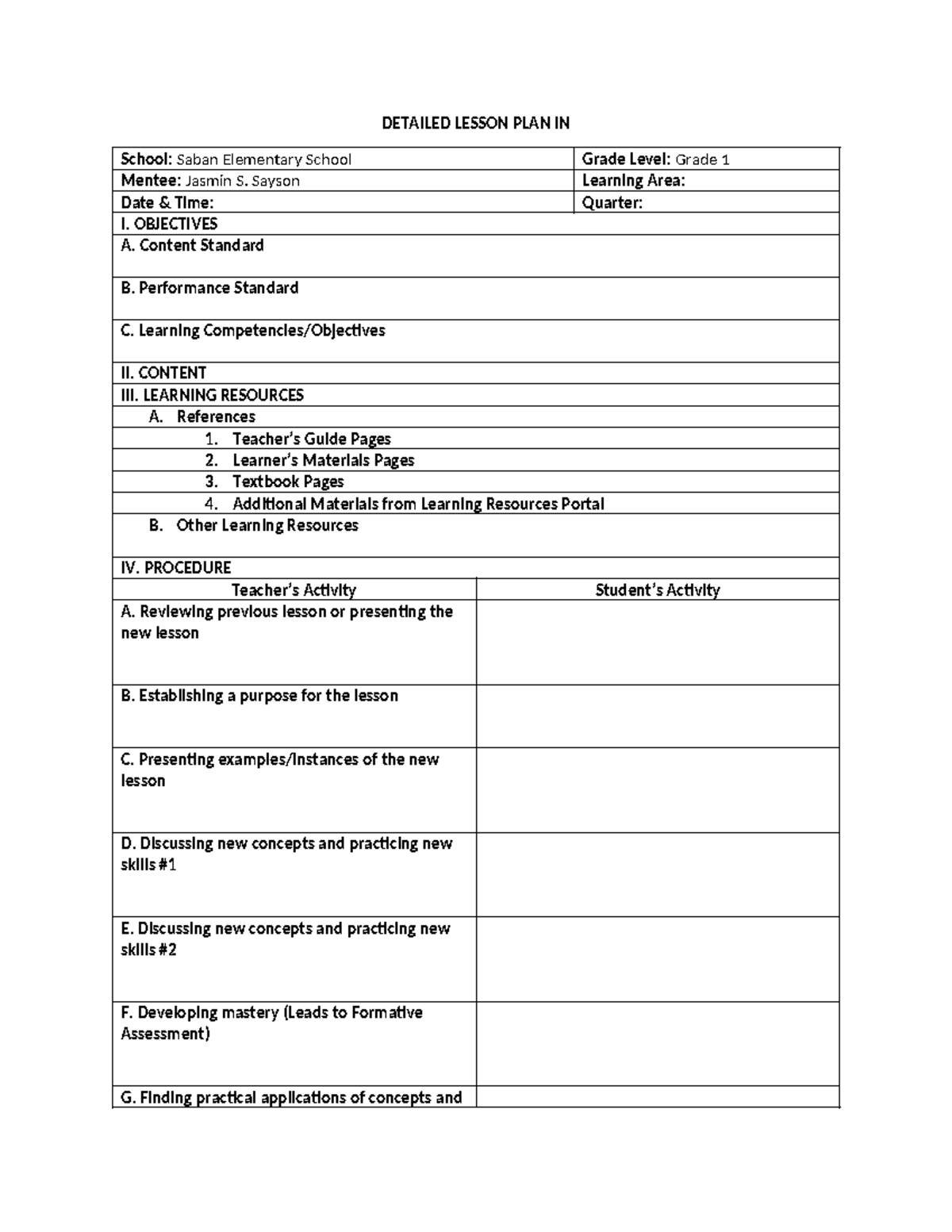 Format-A-J - DETAILED LESSON PLAN IN School: Saban Elementary School ...