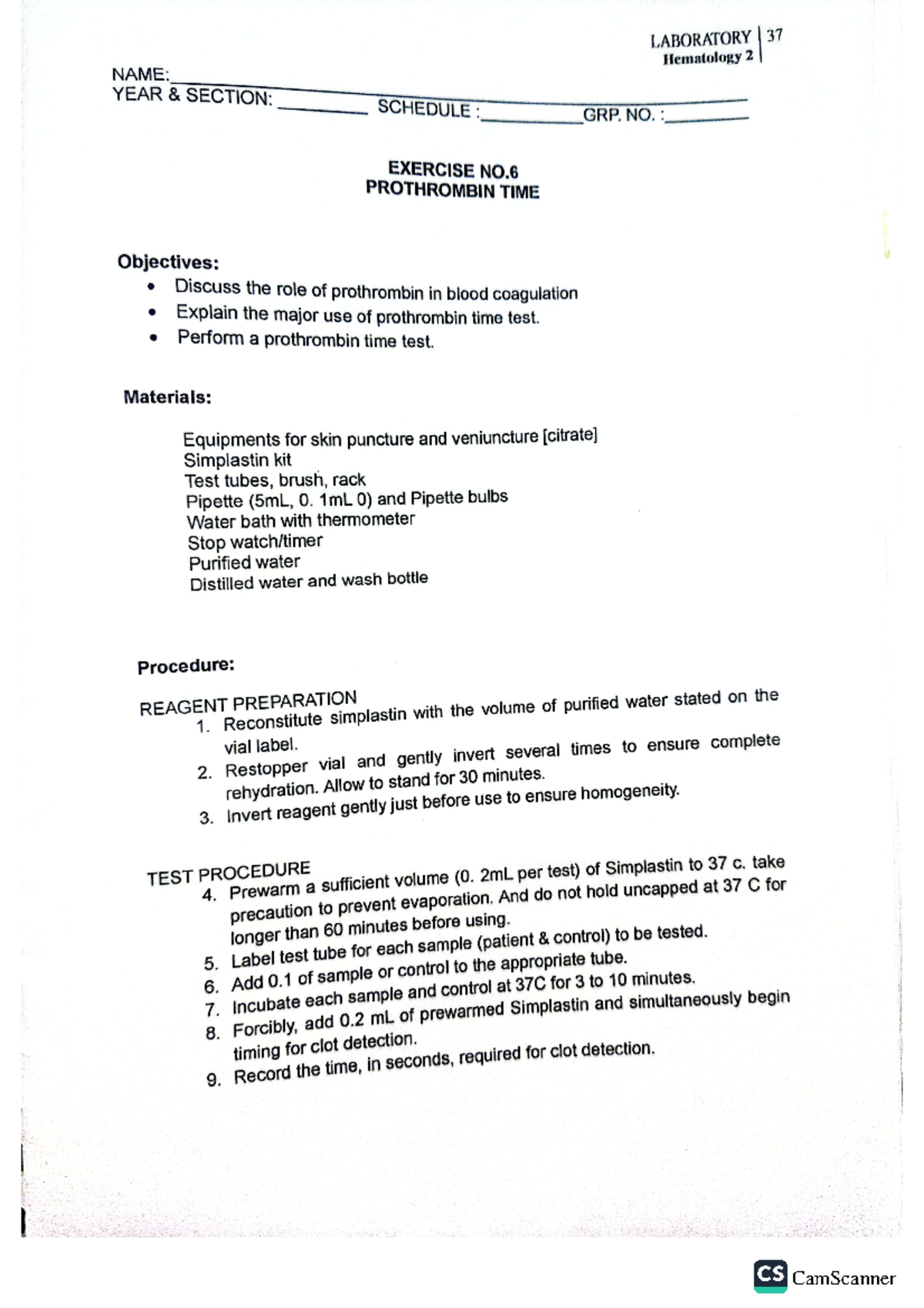 Prothrombin time activity sheet - LABORATORY 37 Hematology 2 NAME: YEAR ...