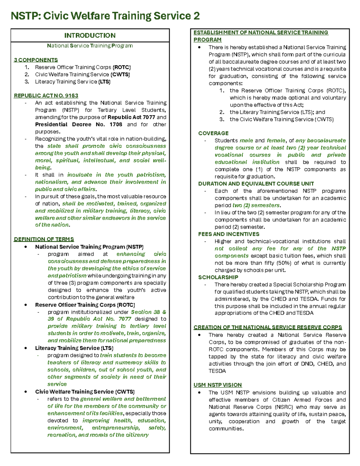 NSTP 2 Reviewer - INTRODUCTION National Service Training Program 3 ...