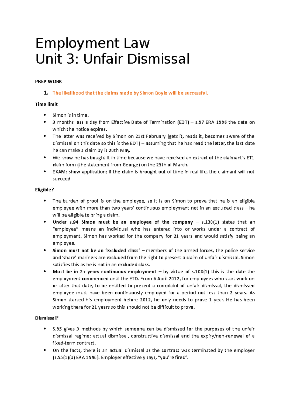 Employment Law - UNIT 3 Unfair Dismissal - Employment Law Unit 3 ...