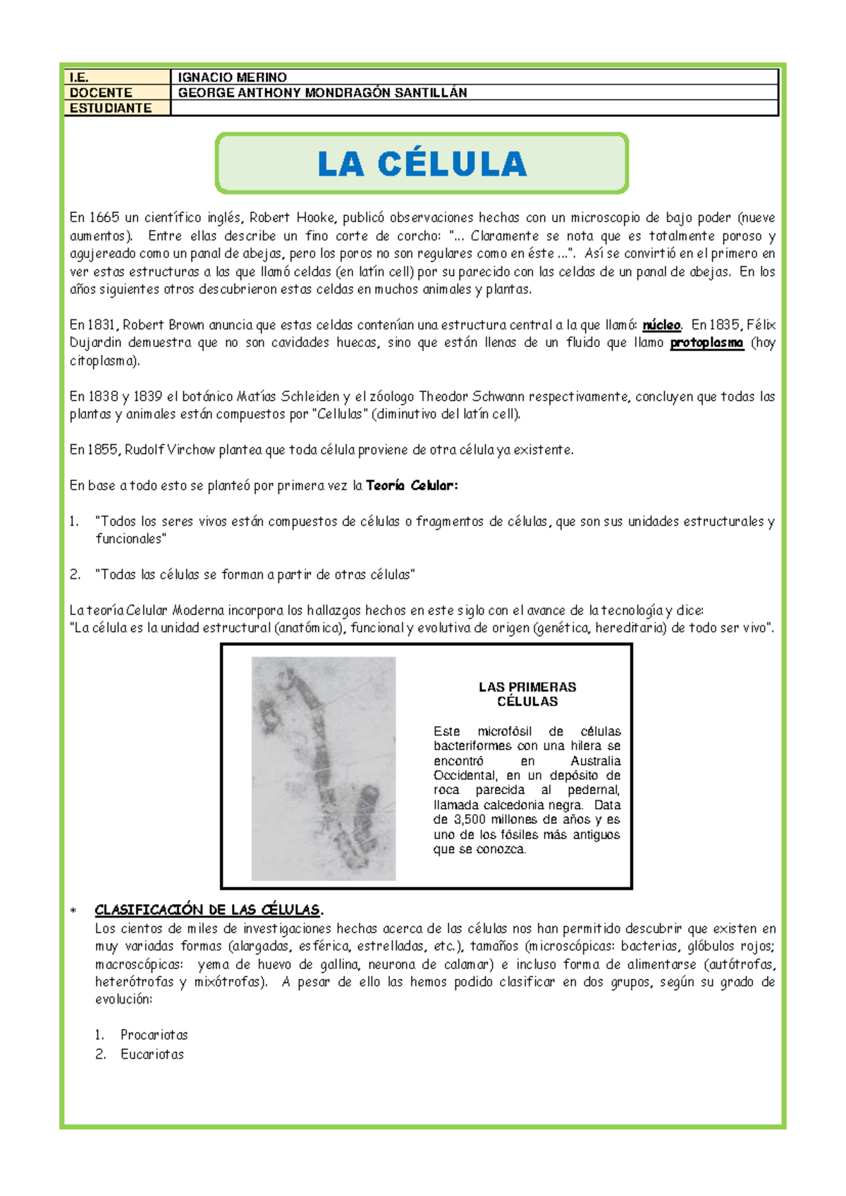 2º Refuerzo ACT N°1 - LA Celula - LA CÉLULA I. IGNACIO MERINO DOCENTE ...