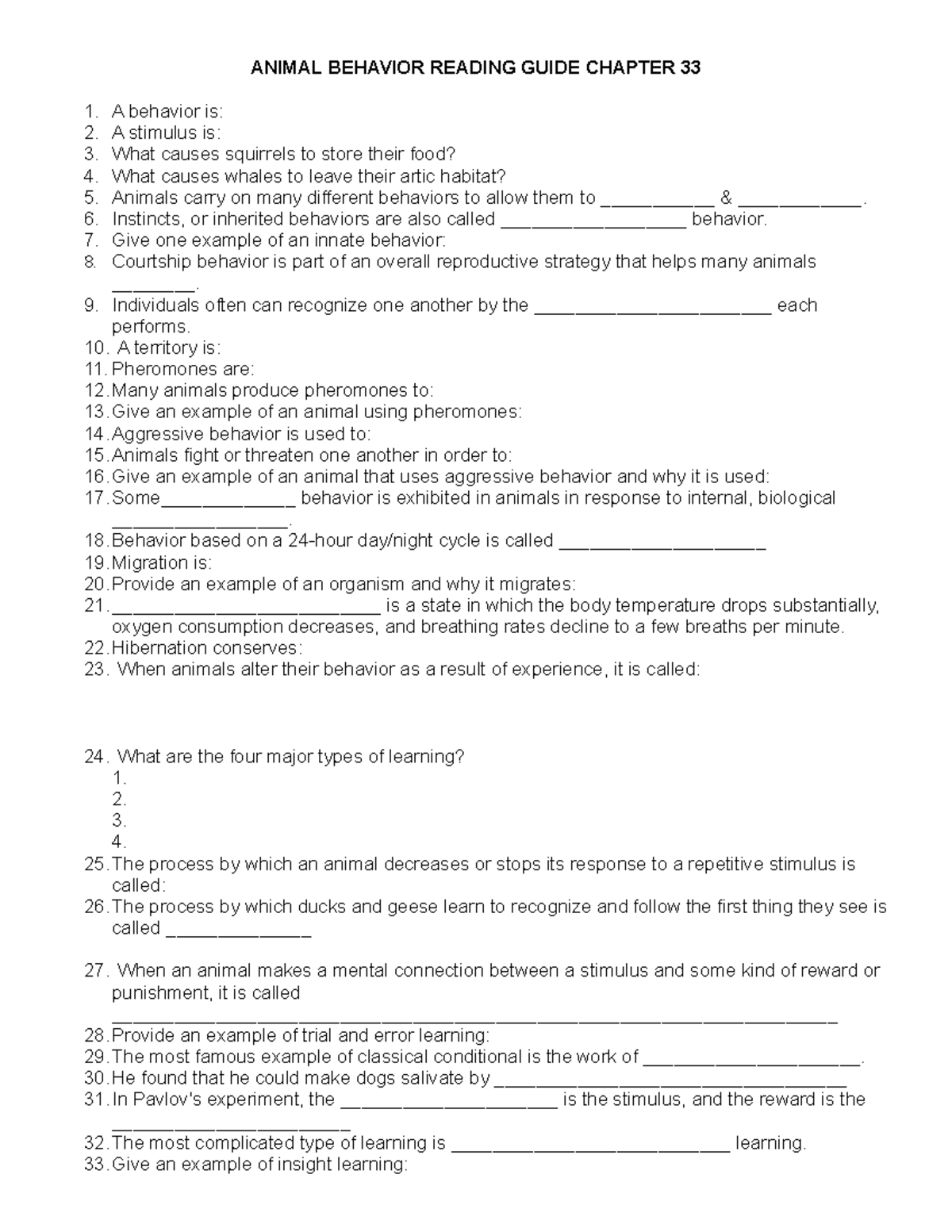 Copy of Animal Behavior RG Chp33 - BIOL 3150 - ECU - Studocu