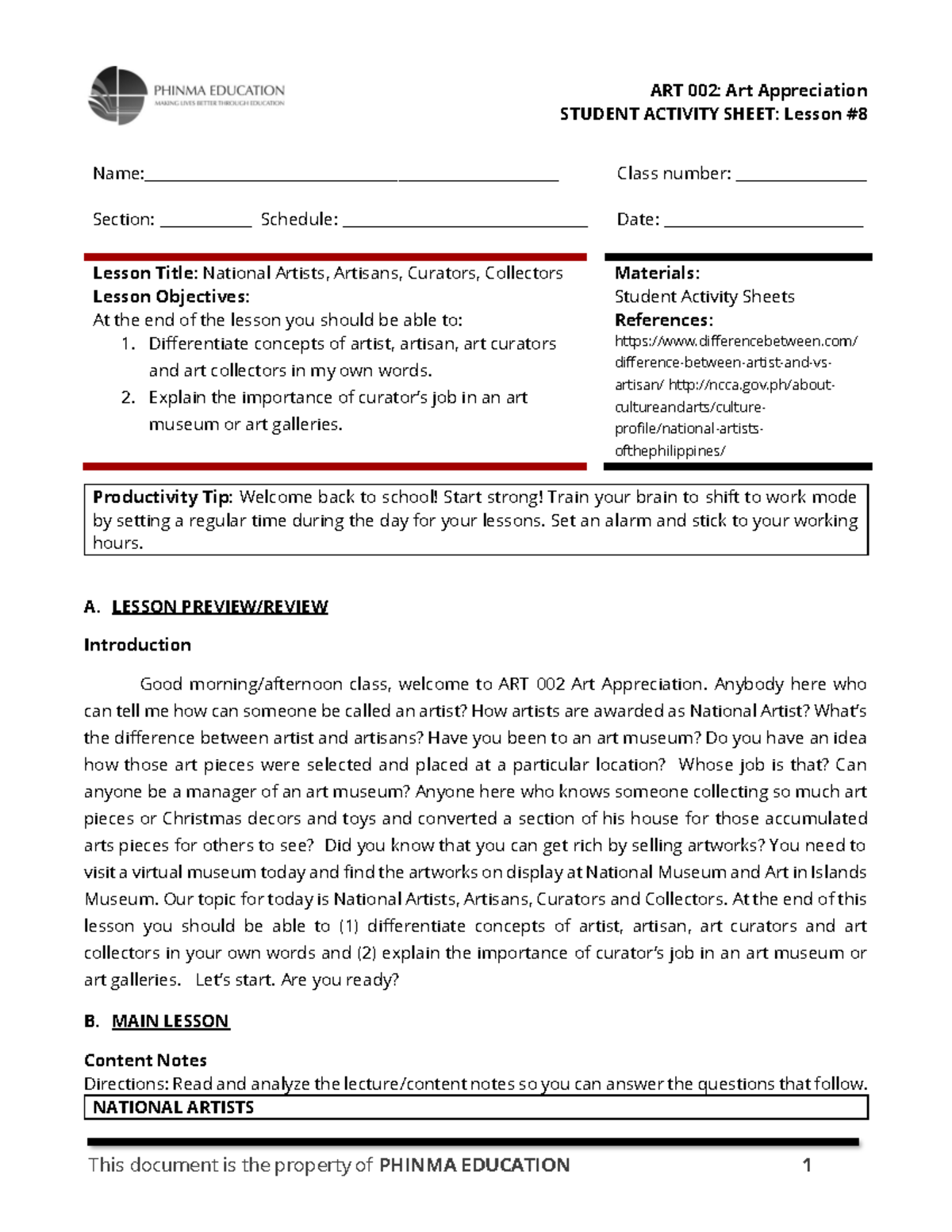 ART 002- Lesson 8 SAS - Education - STUDENT ACTIVITY SHEET: Lesson ...