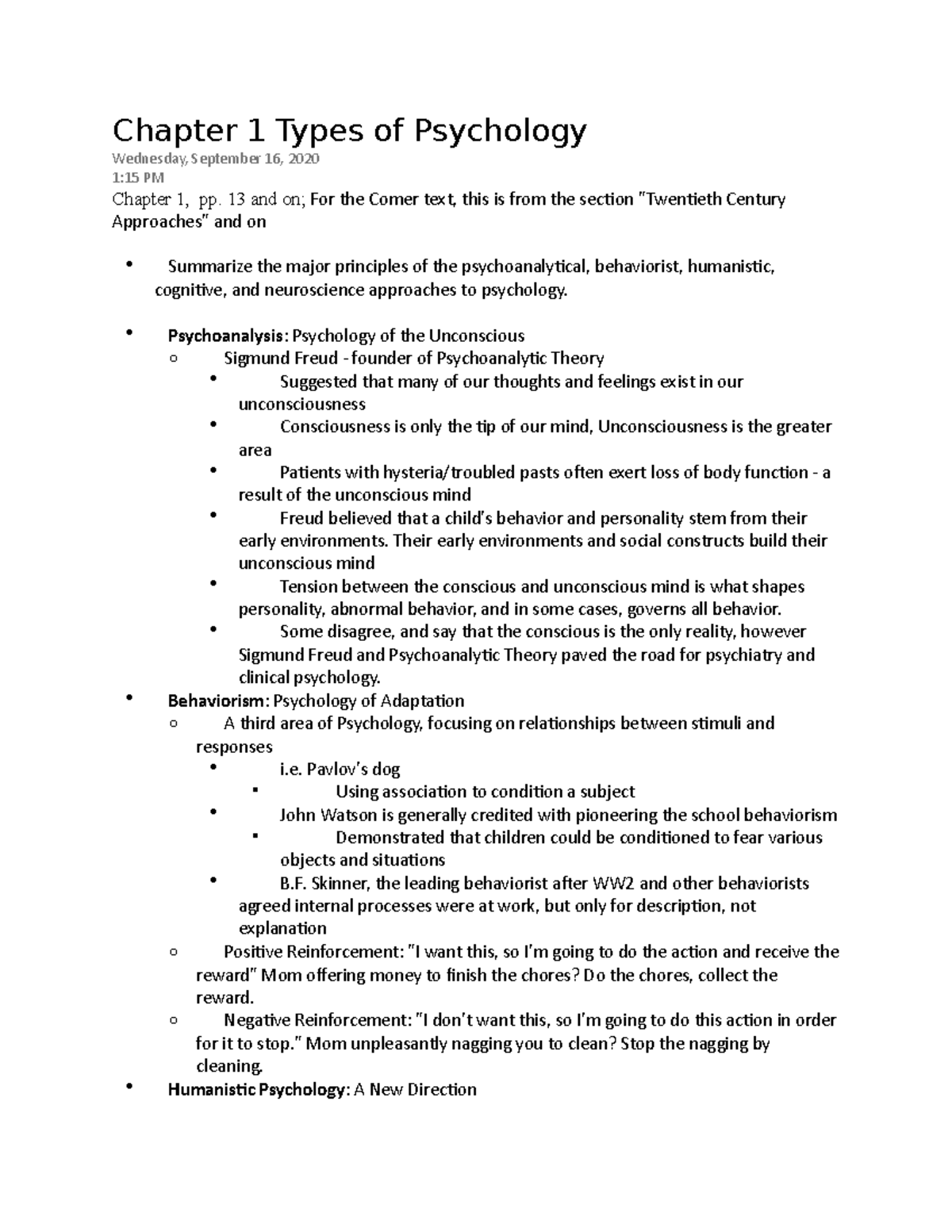 Chapter 1 Types of Psychology - Chapter 1 Types of Psychology Wednesday ...