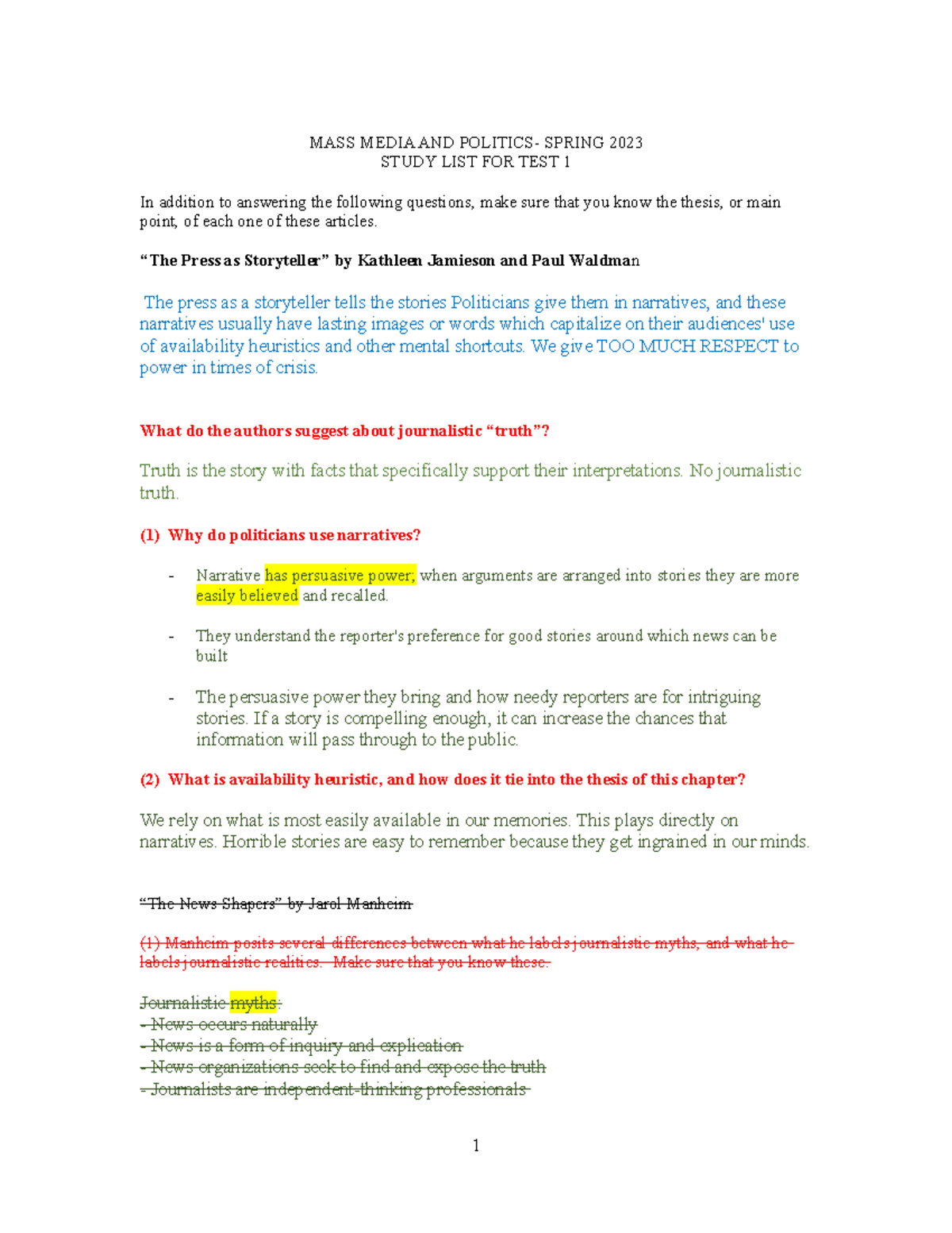 Study list for test 1 - MASS MEDIA AND POLITICS- SPRING 2023 STUDY LIST ...