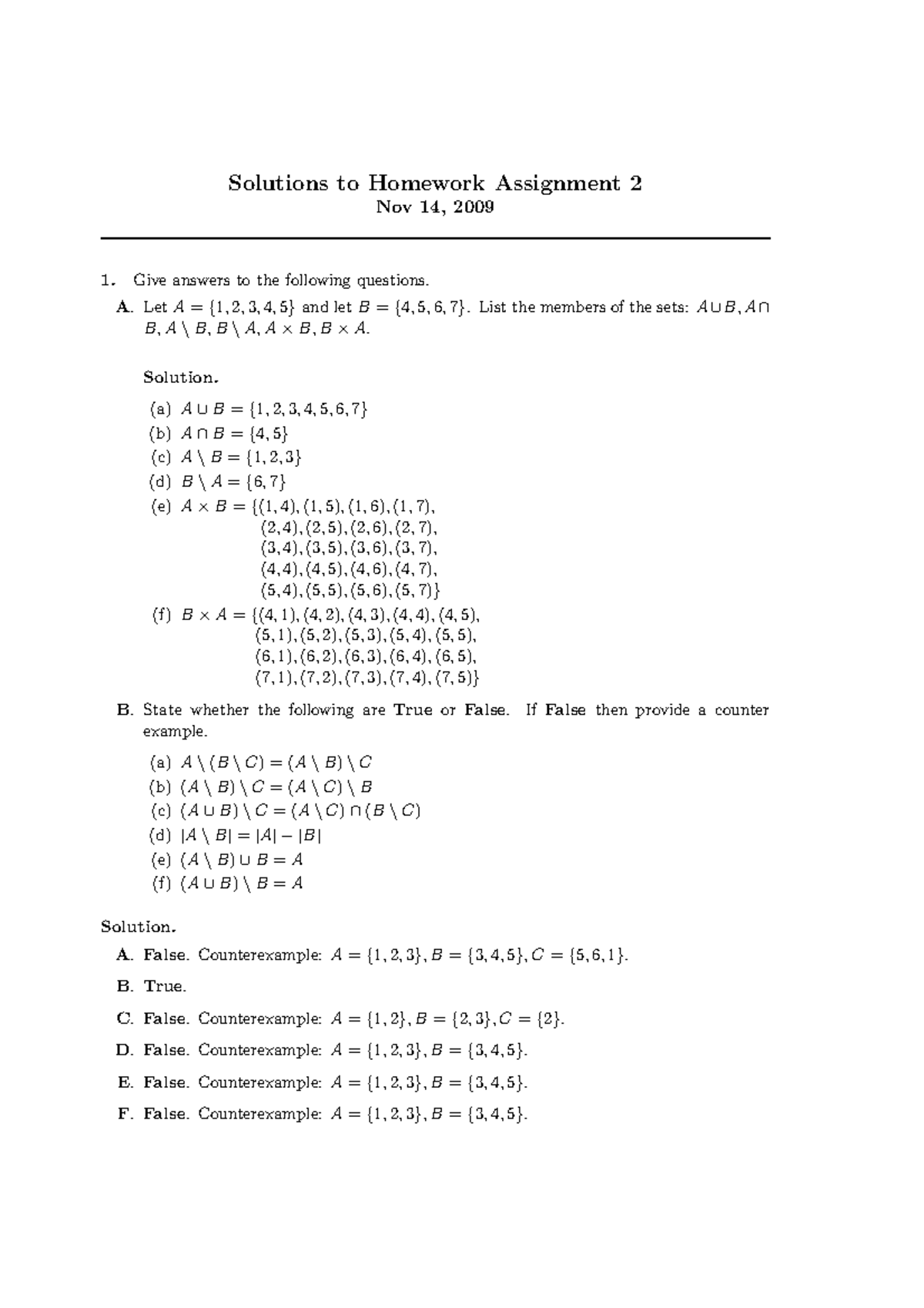 S2 - Homework solutions - Solutions to Homework Assignment 2 Nov 14, 2009 Give answers to the ...
