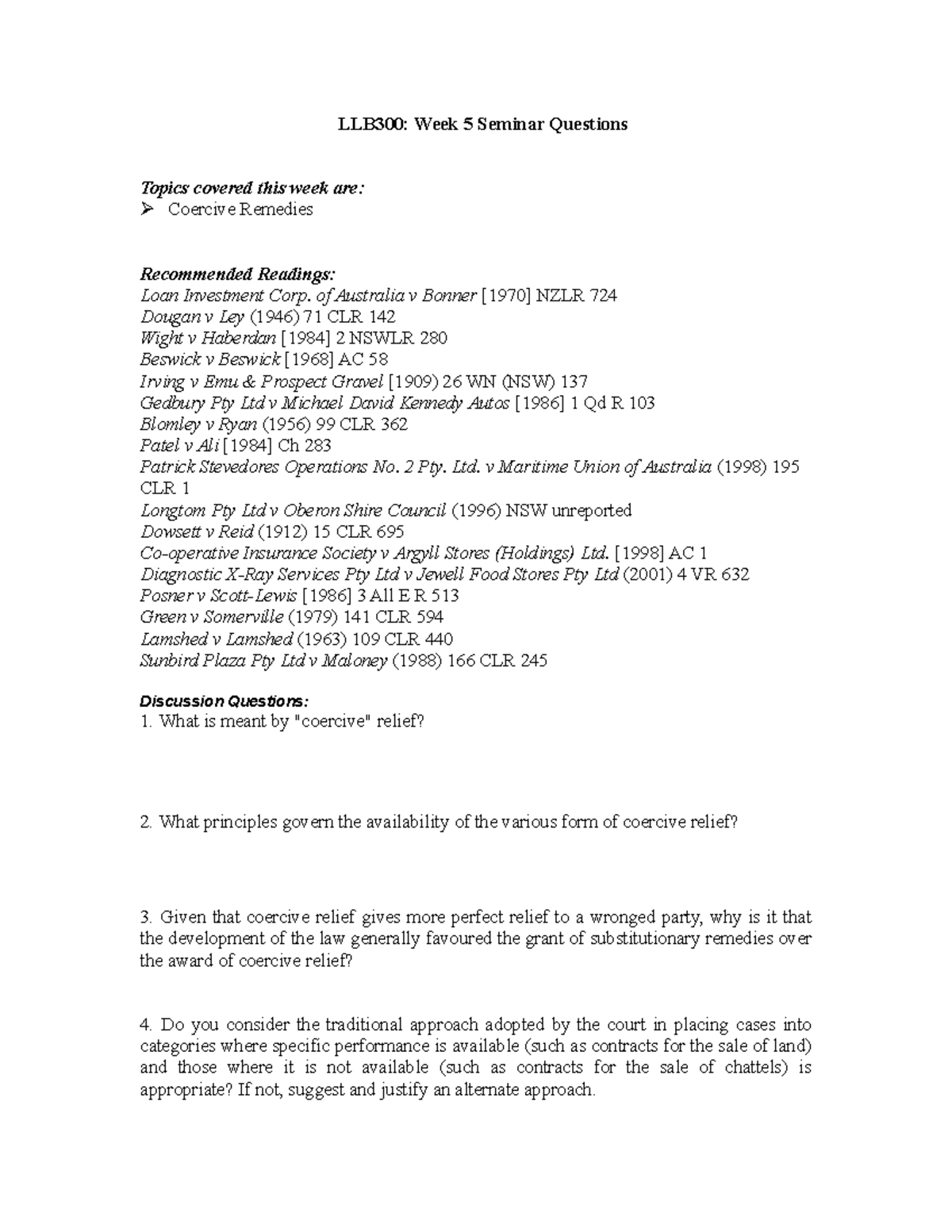 Week 5 Seminar Exercises - LLB300: Week 5 Seminar Questions Topics ...