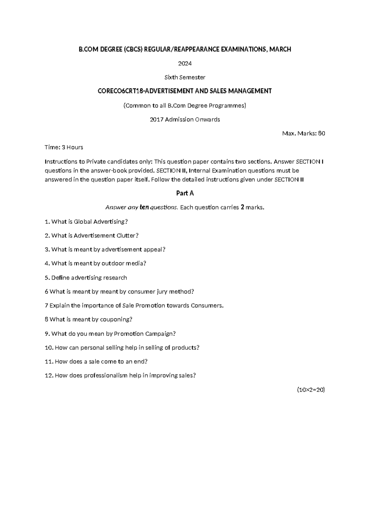Advertisement AND Sales Management Question Paper 2024 - B DEGREE (CBCS ...