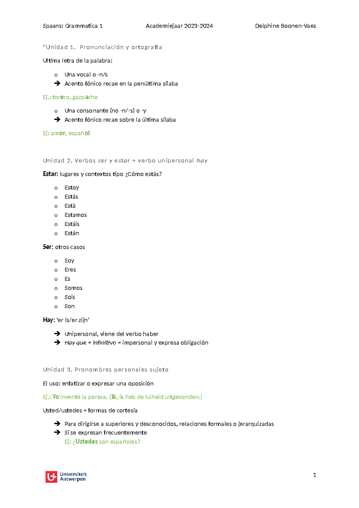 Spaans Grammatica 1 SV - reminder om je werkwoordjes goed te leren ...