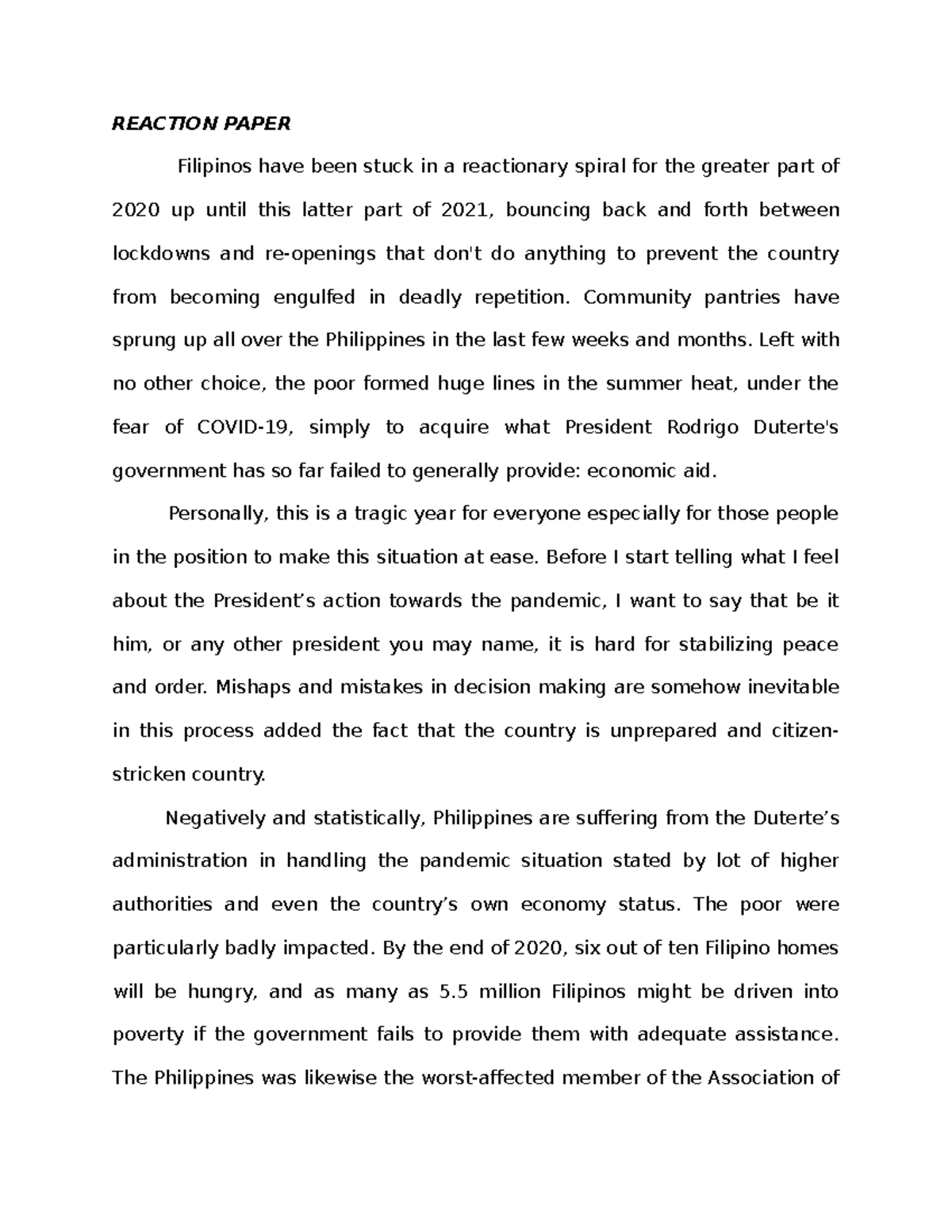Reaction- Paper - REACTION PAPER Filipinos have been stuck in a ...