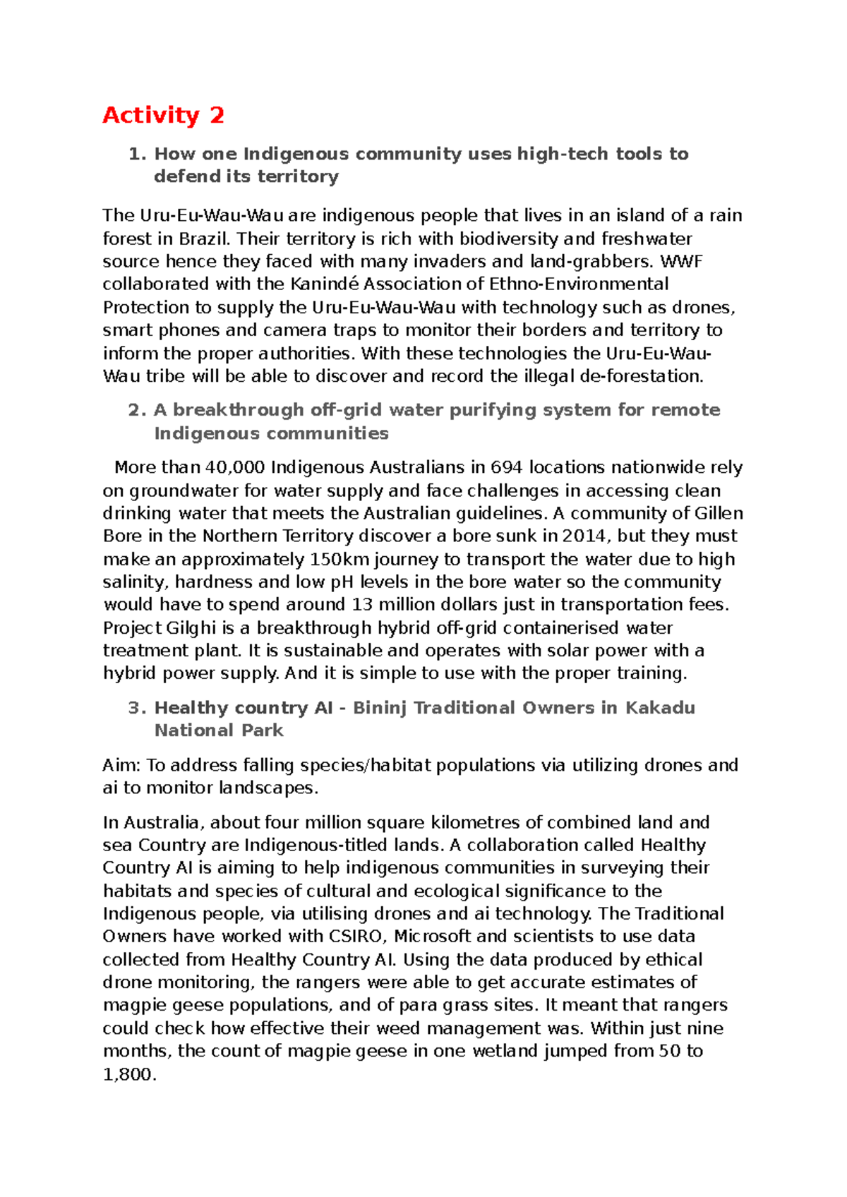 Research Tech Indigenous examples - Activity 2 How one Indigenous ...