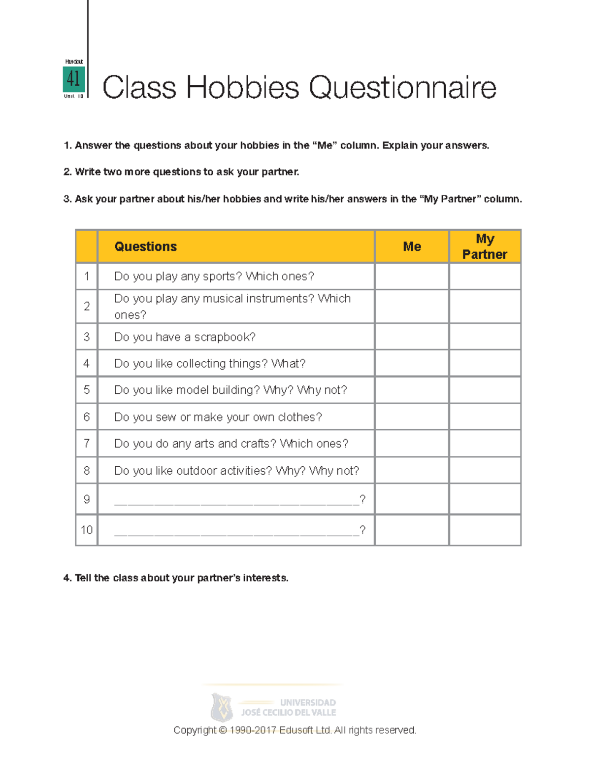 20 Basic II Handout 41 Unit 10 Hobbies Class Hobbies Questionnaire ...